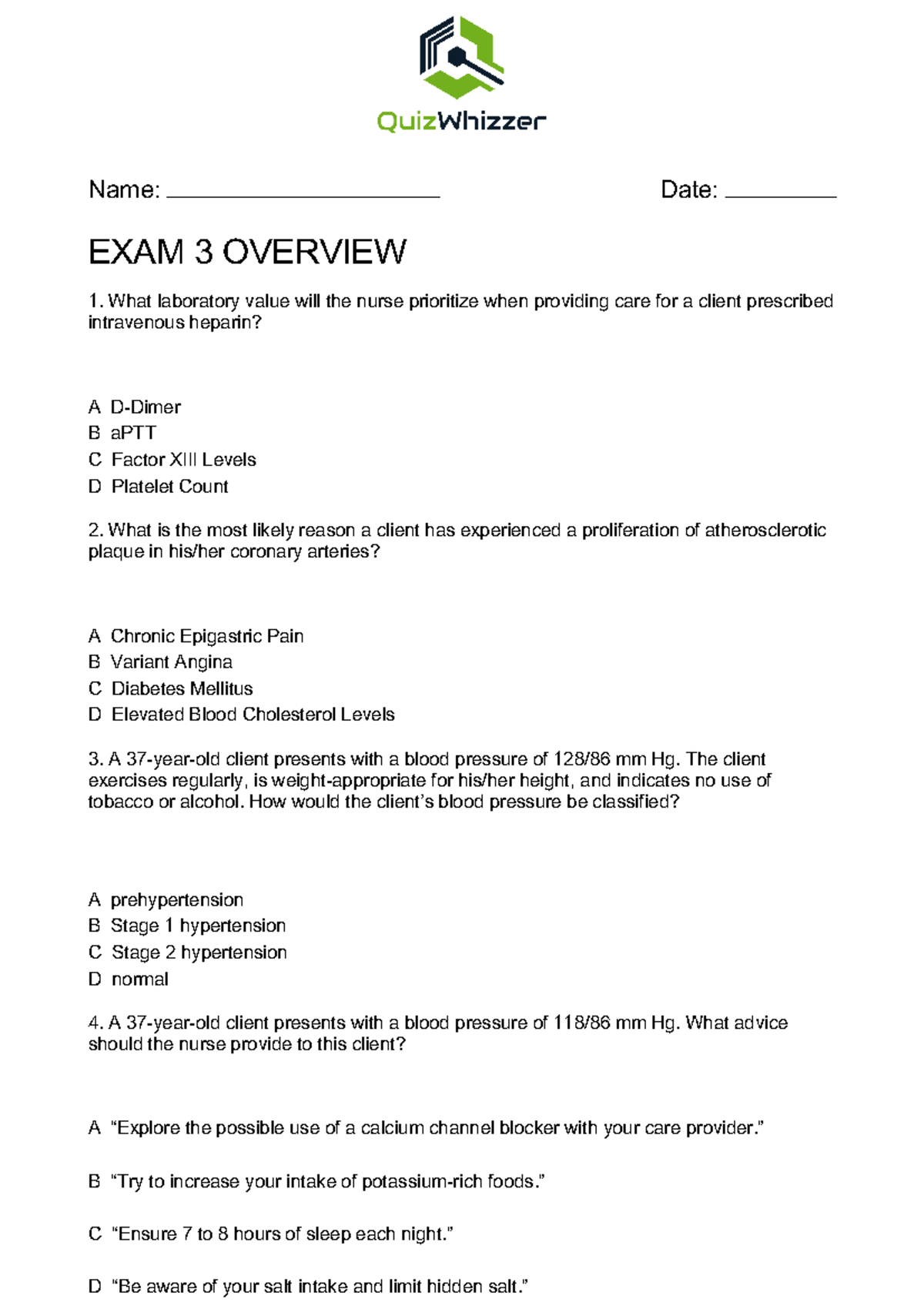 EXAM 3 Overview - Study Practice Questions - Name: Date: EXAM 3 ...