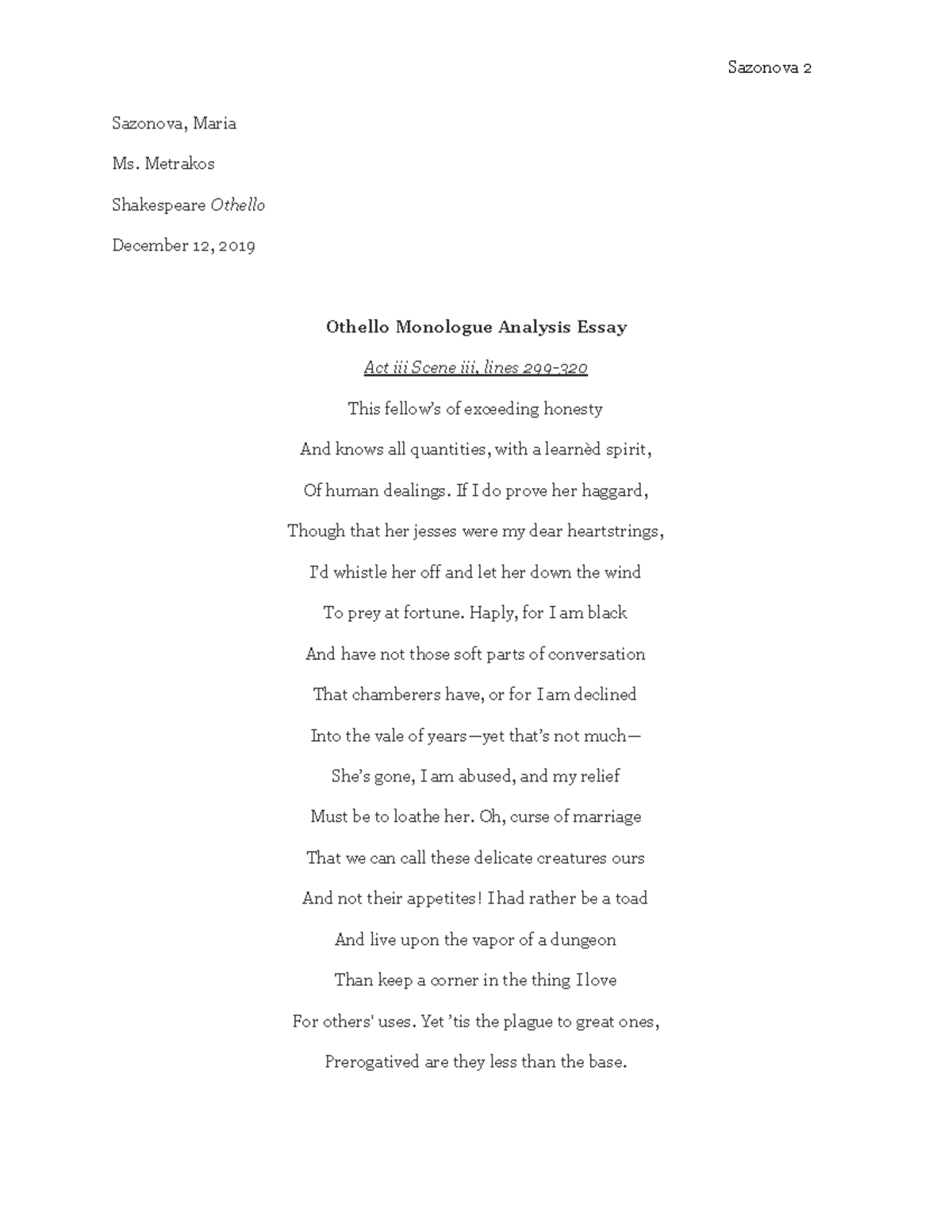 Otello Monologue Analysis Essay - Sazonova, Maria Ms. Metrakos ...
