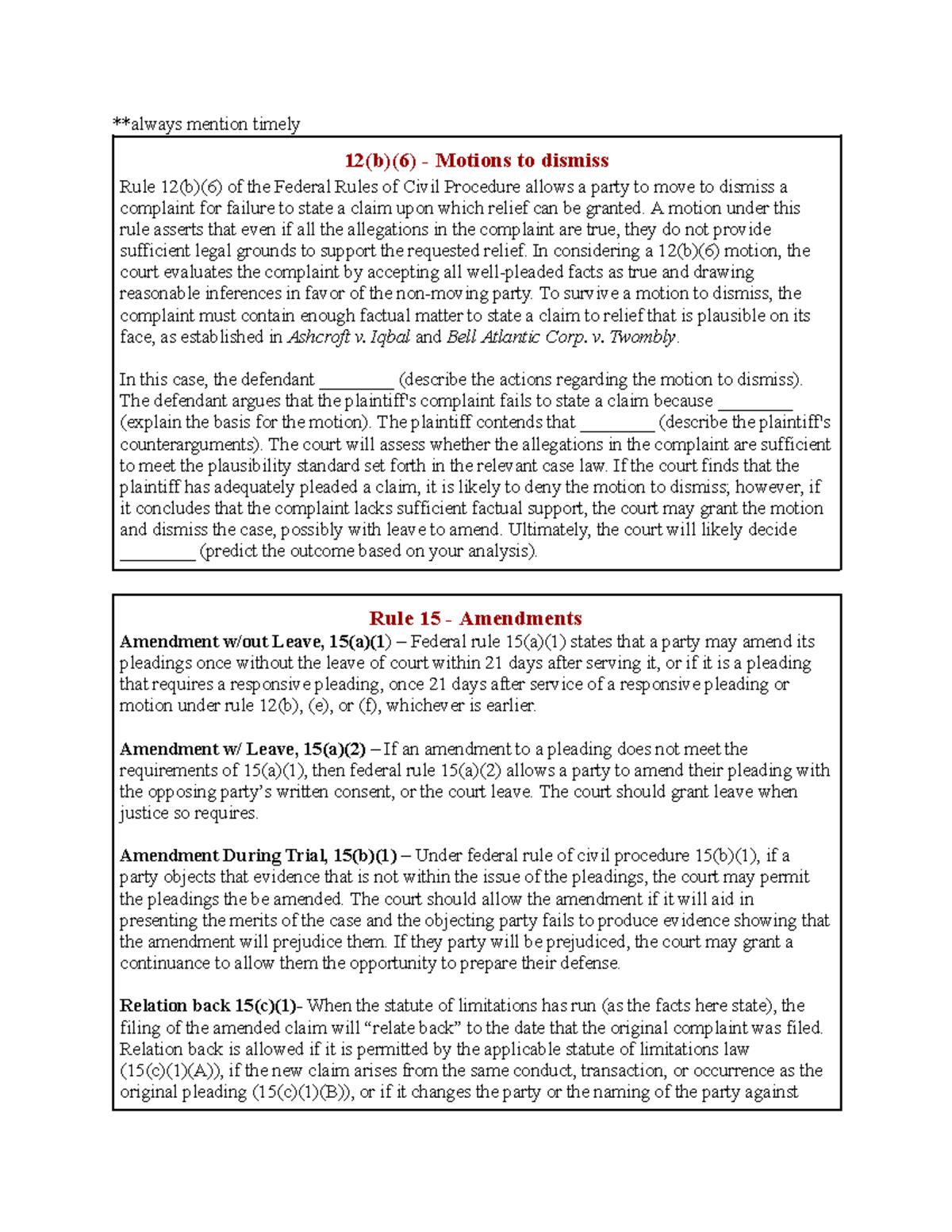 Midterm rule statements - **always mention timely 12(b)(6) - Motions to ...
