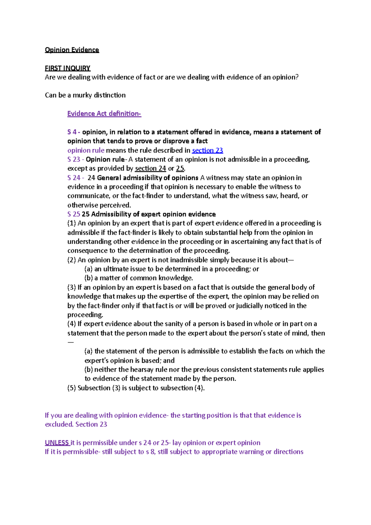 Opinion Evidence - Lecture notes and exam content - Opinion Evidence ...