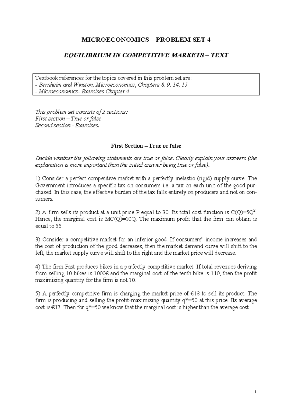 Microeconomics PS4 text - 1 MICROECONOMICS – PROBLEM SET 4 EQUILIBRIUM IN COMPETITIVE MARKETS ...