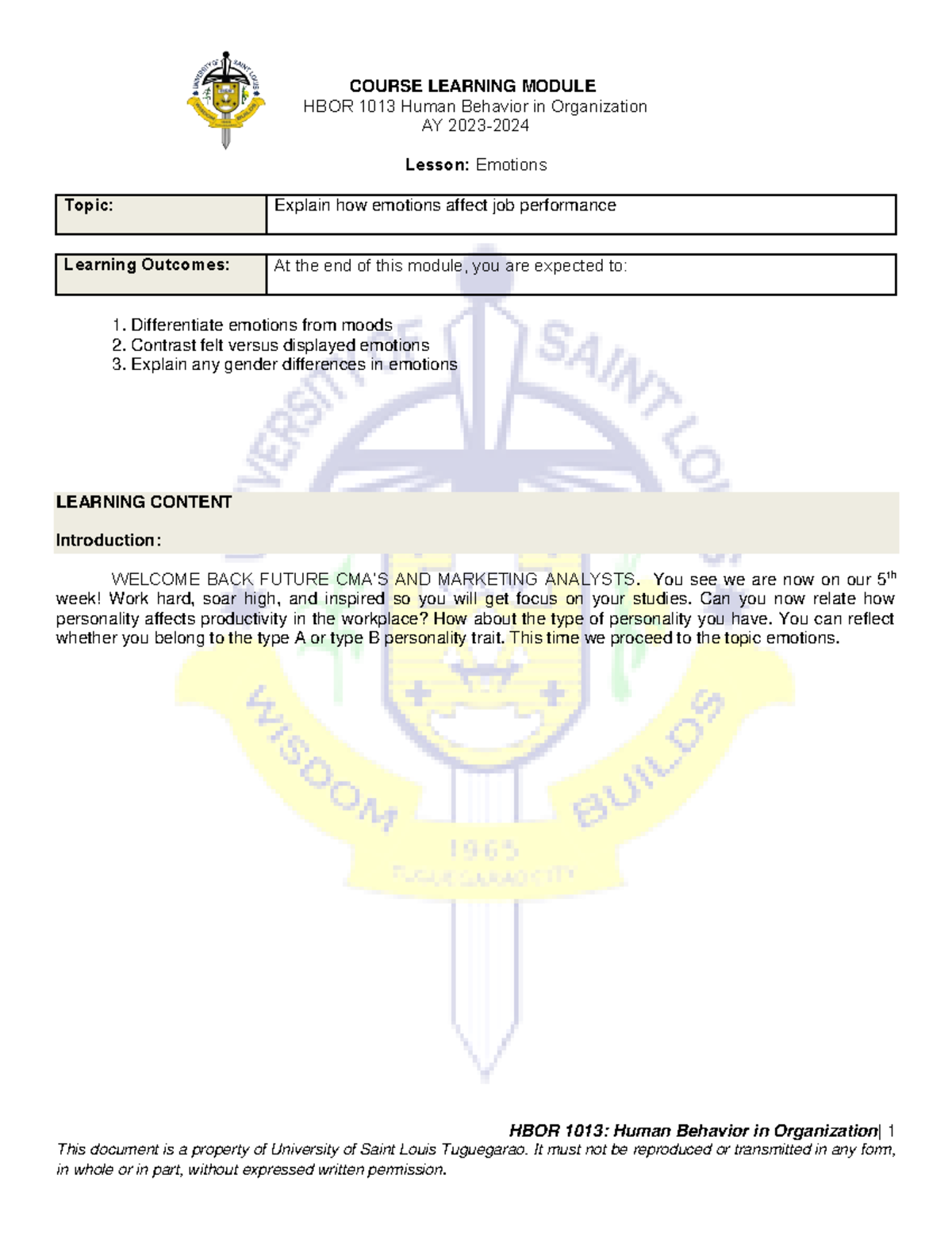 HBOR WEEK 5 - Lecture notes - HBOR 1013: Human Behavior in Organization ...