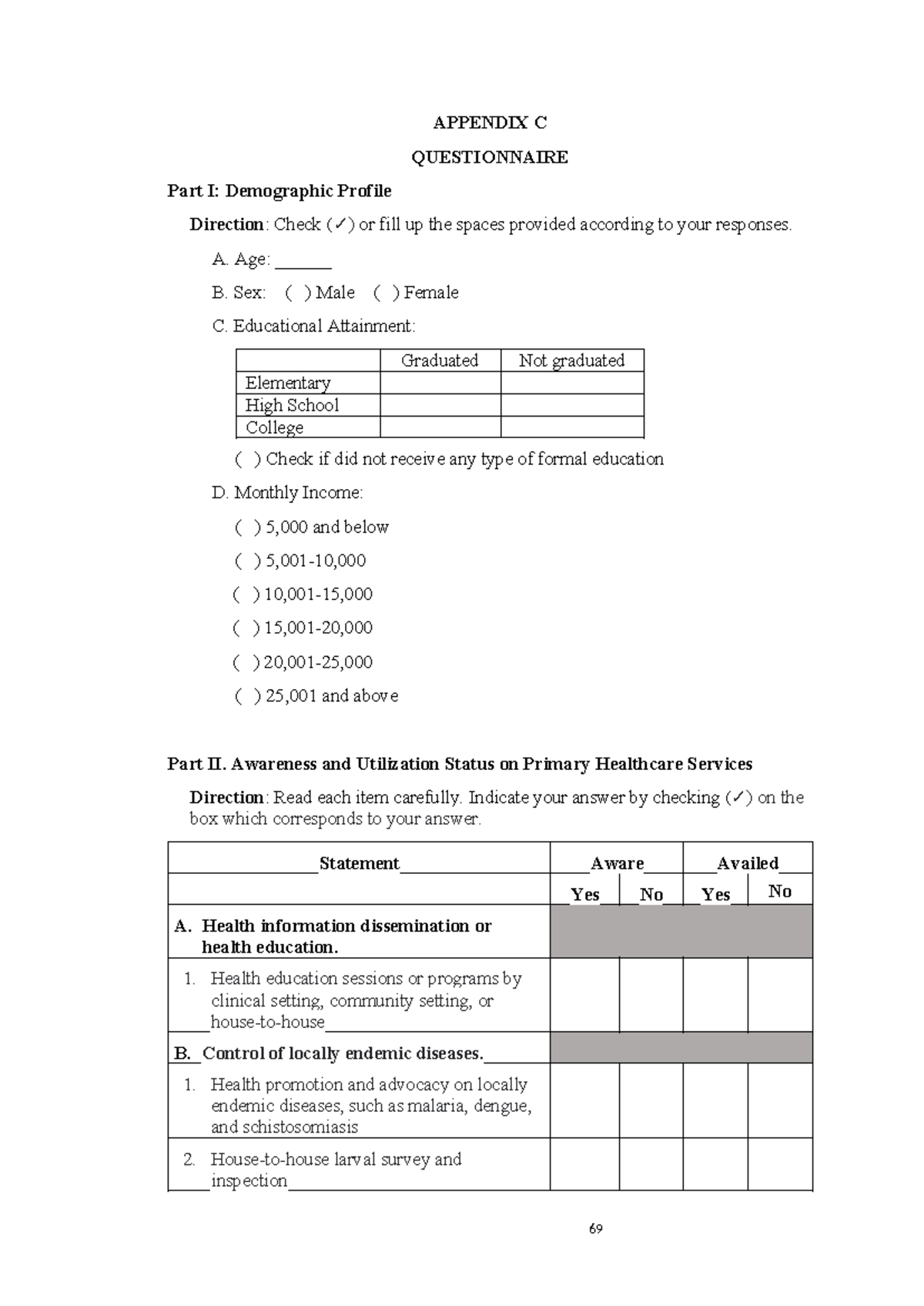 10 - nursing research - APPENDIX C QUESTIONNAIRE Part I: Demographic Profile Direction: Check ...