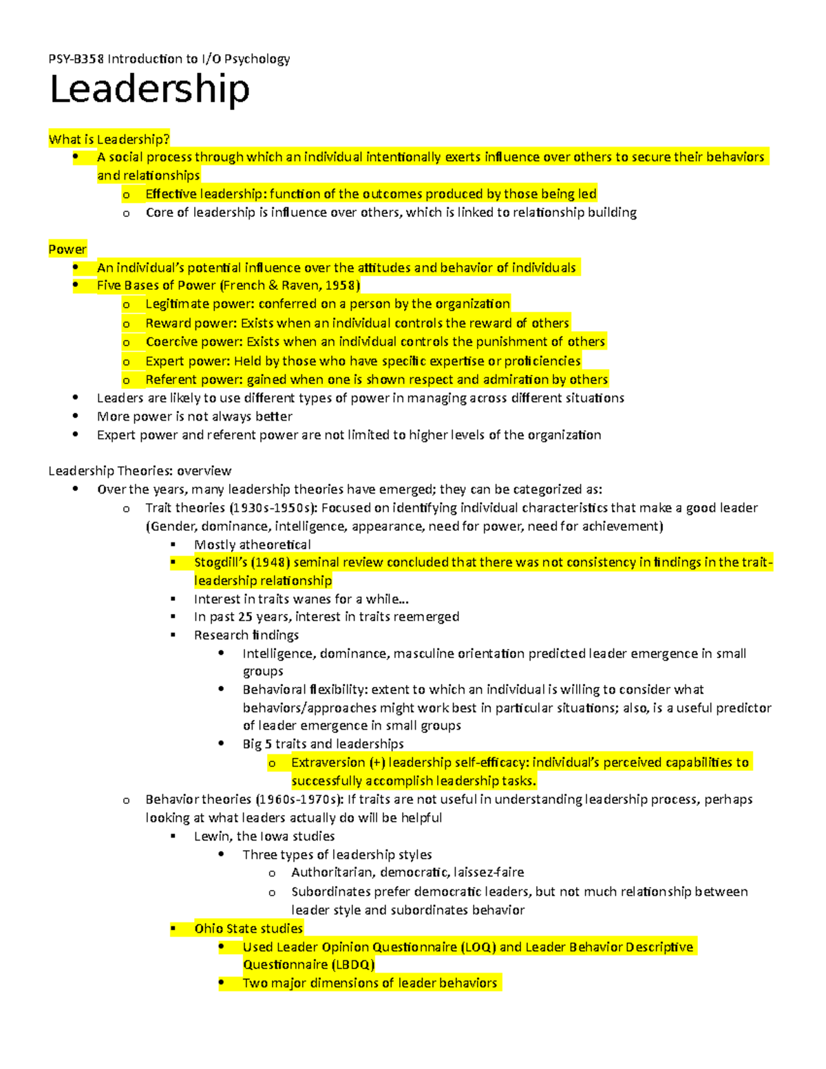 Leadership - Lecture notes 1 - Leadership What is Leadership? A social ...