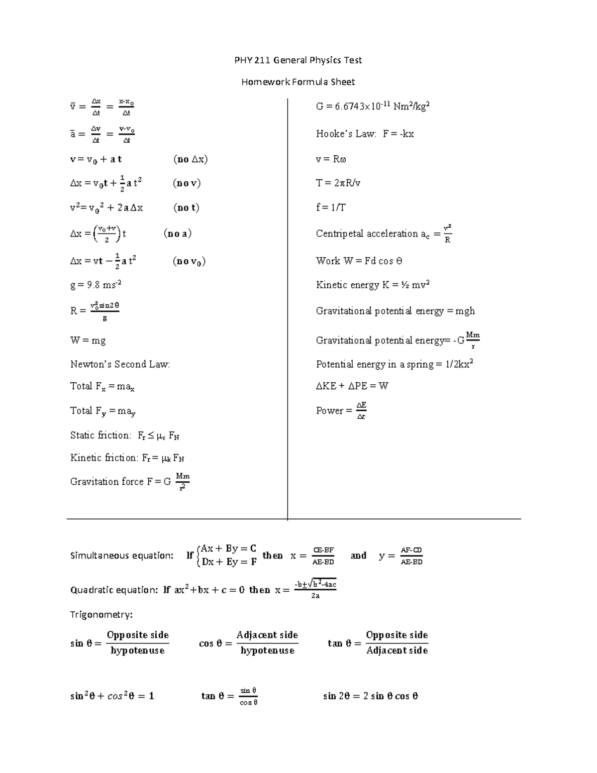 Test 3 formula sheet (homework version) - PHY 211 General Physics Test ...