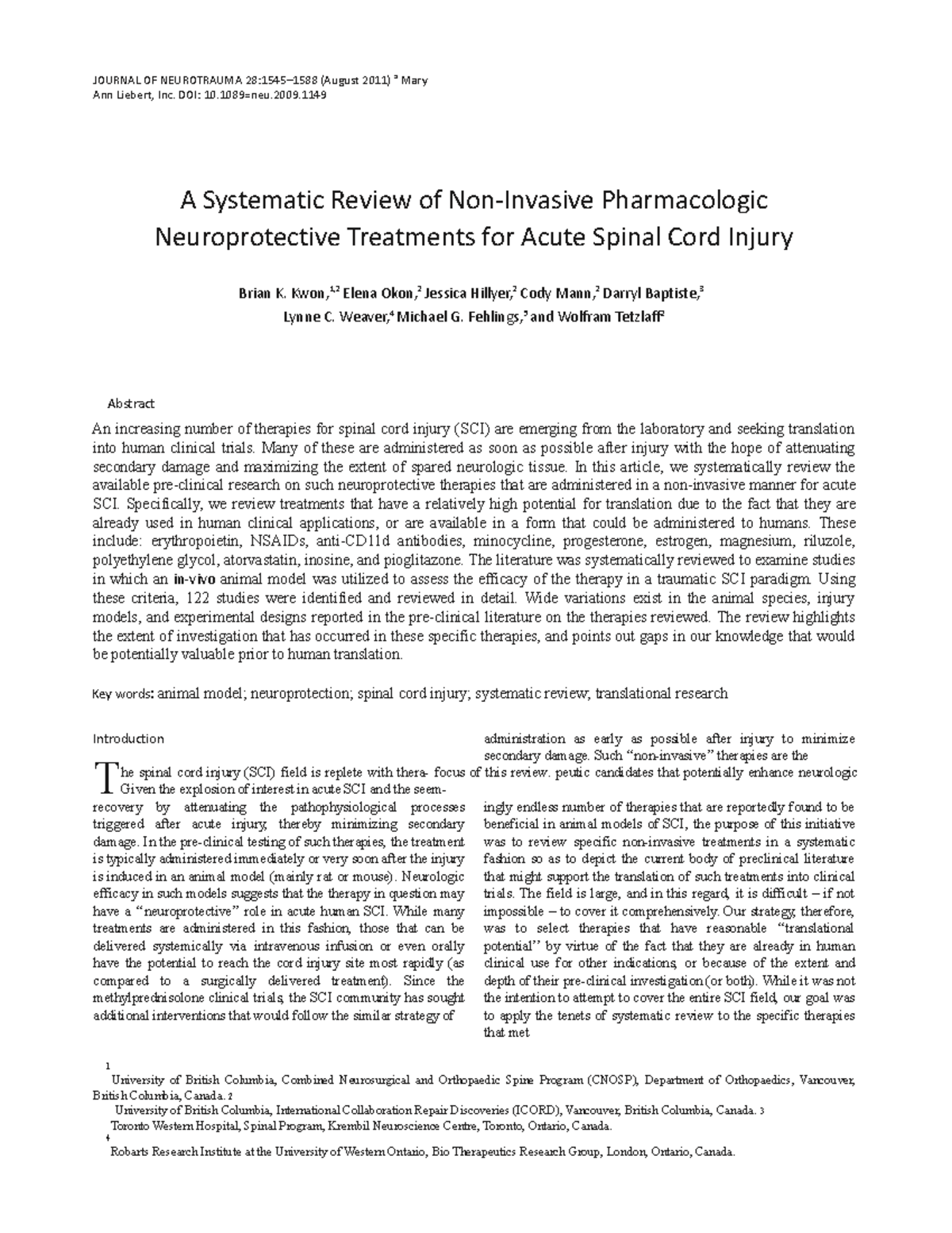 2011 neuroprotec trat spinal cord Kwon - JOURNAL OF NEUROTRAUMA 28:1545 ...