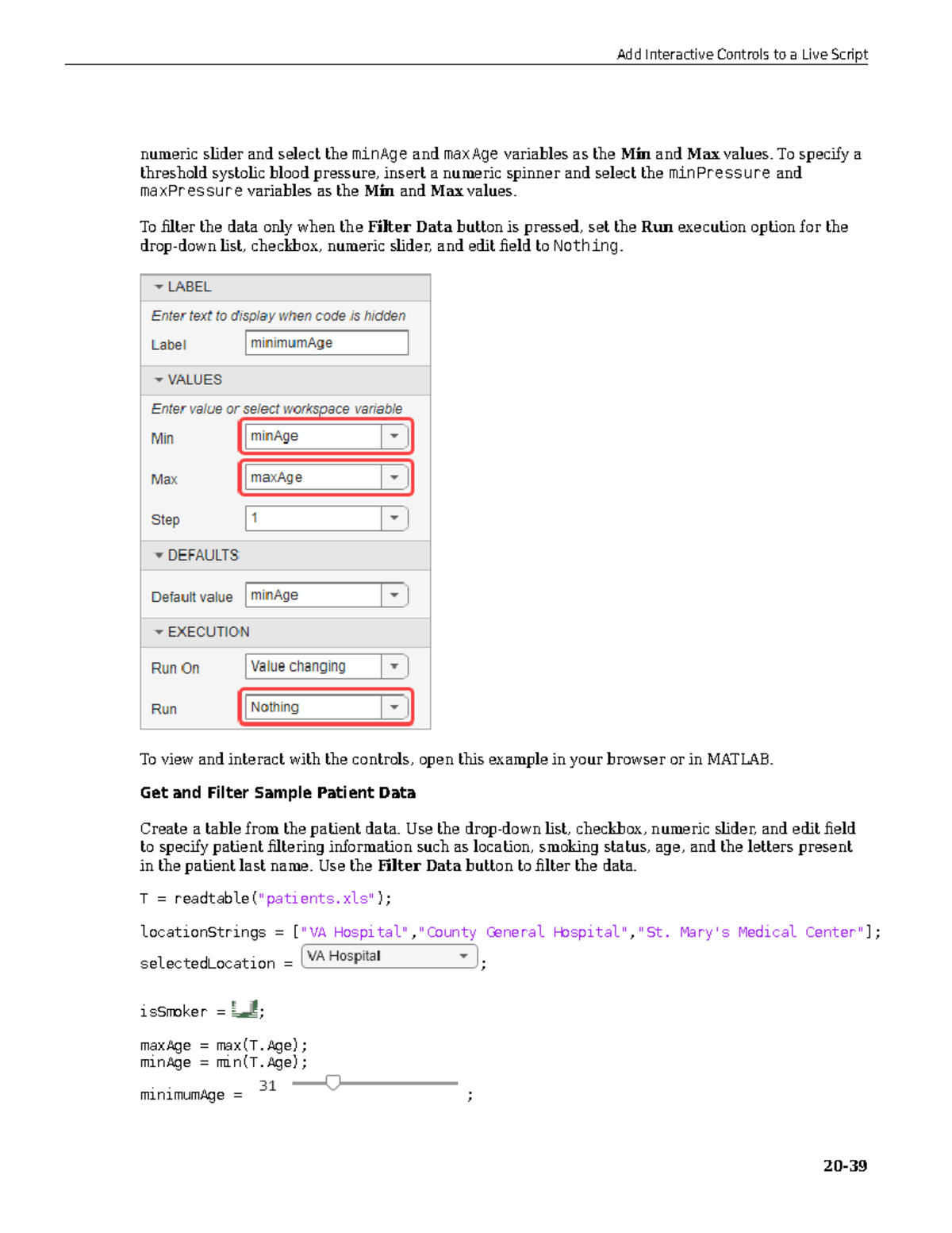 Matlab Prog 74 Numeric Slider And Select The Minage And Maxage Variables As The Min And Max
