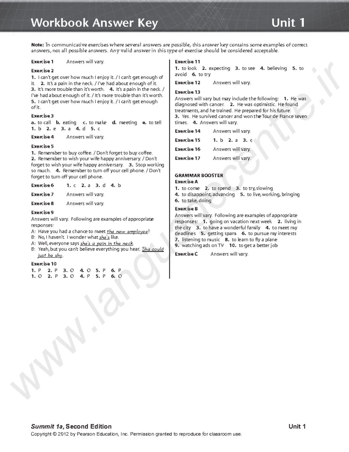 Summit 1a Workbook Answer Key - Note: In communicative exercises where several answers are ...