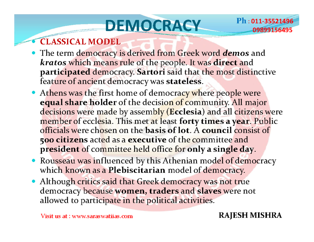 Democracy - Suggest by teachers - DEMOCRACY CLASSICAL MODEL The term ...