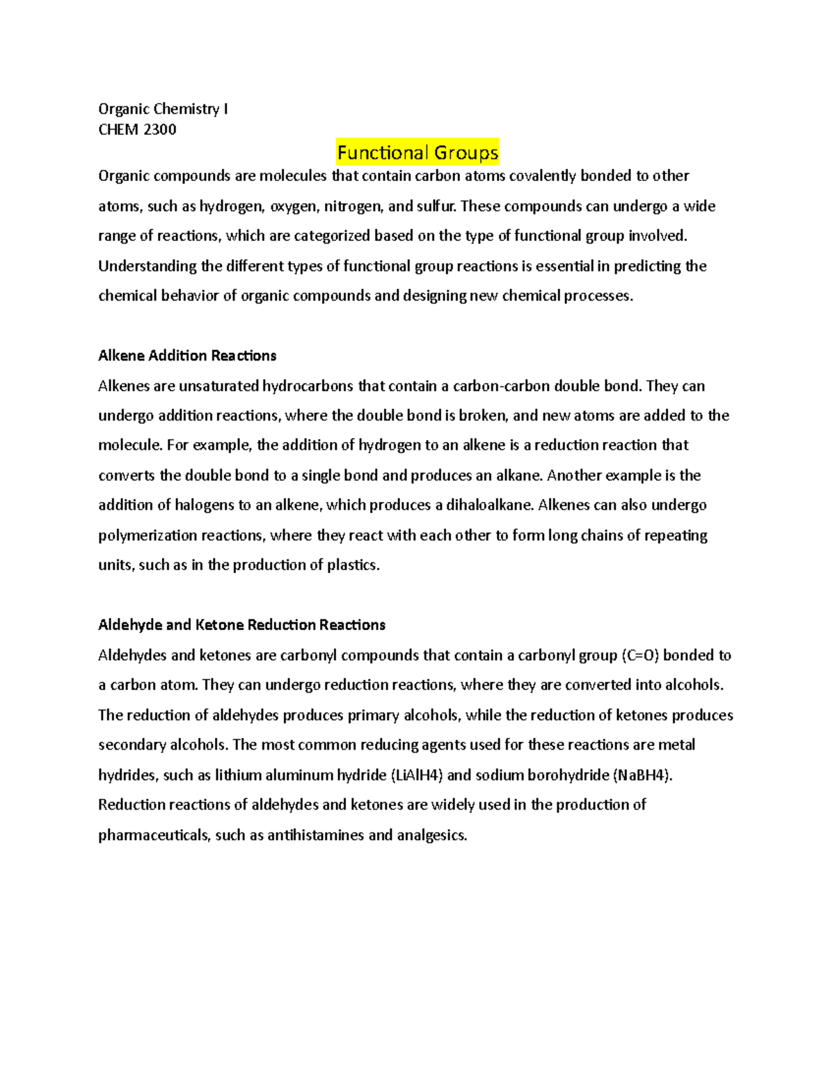 Organic Chemistry Functional Groups - Organic Chemistry I CHEM 2300 ...