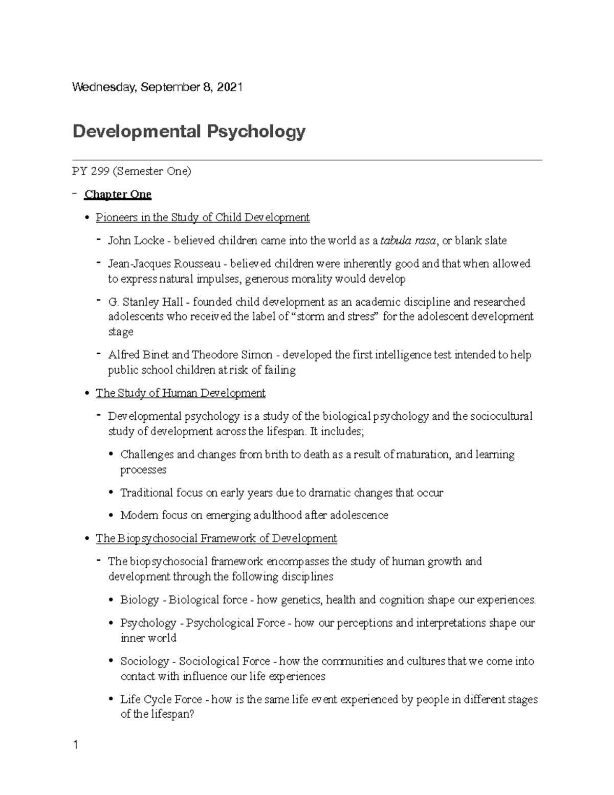 Developmental Psychology Notes - Wednesday, September 8, 2021 ...