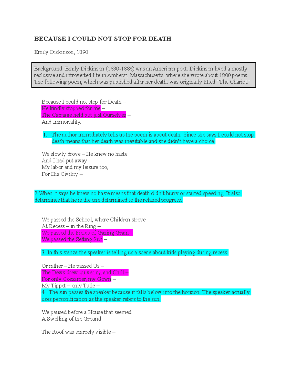 Copy of Because I Could NOT STOP FOR Death - BECAUSE I COULD NOT STOP ...