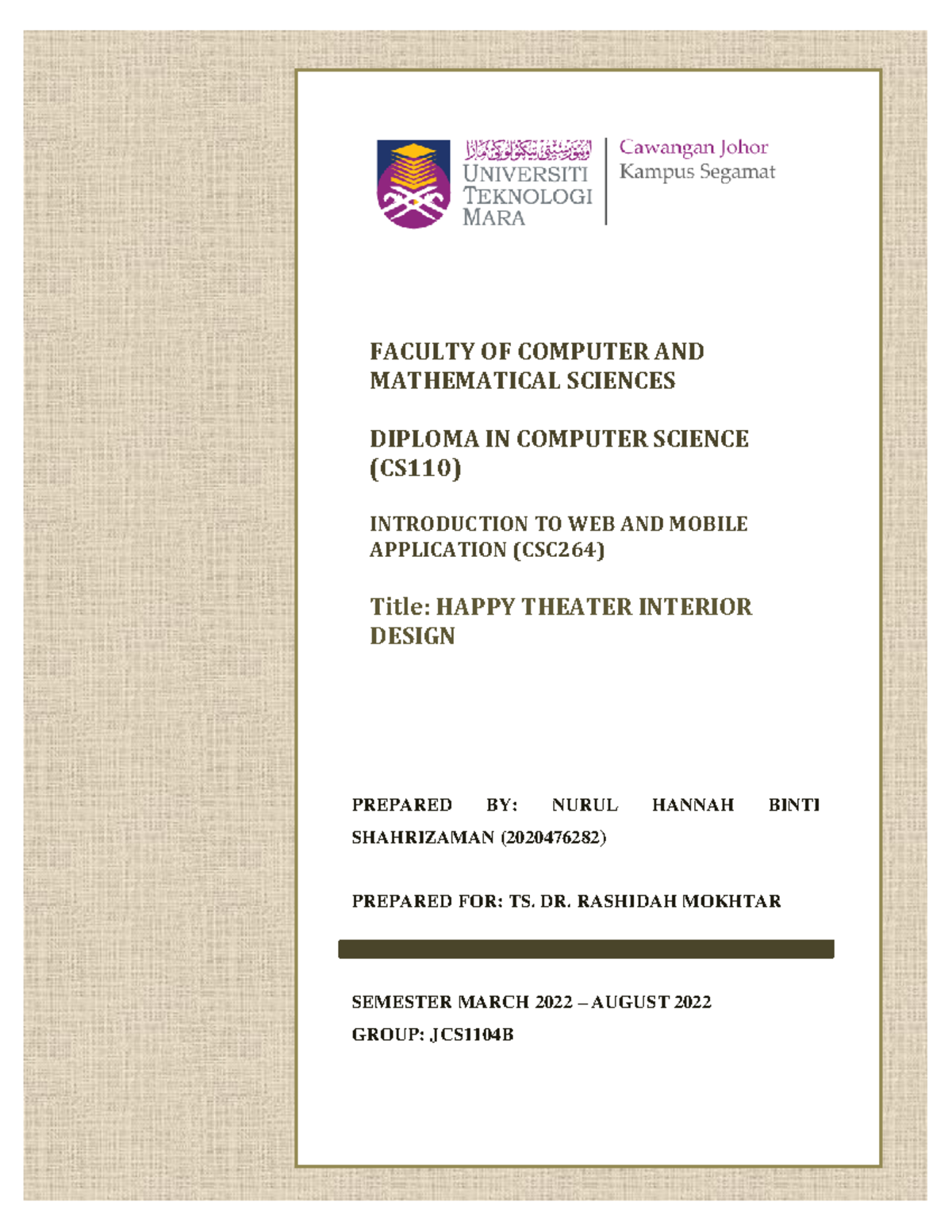 CSC264 Assessment 1 - FACULTY OF COMPUTER AND MATHEMATICAL SCIENCES ...
