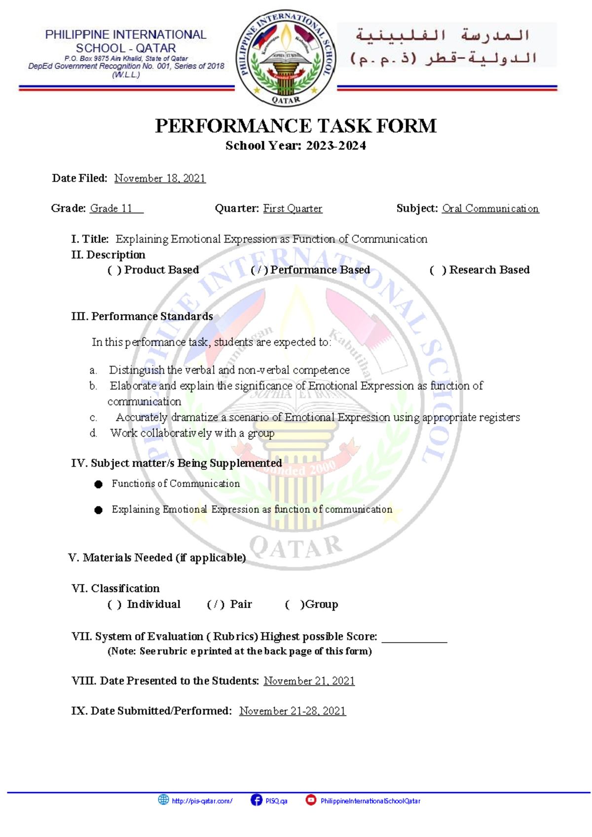 Performance Task Form 2023-2024 - PERFORMANCE TASK FORM School Year ...