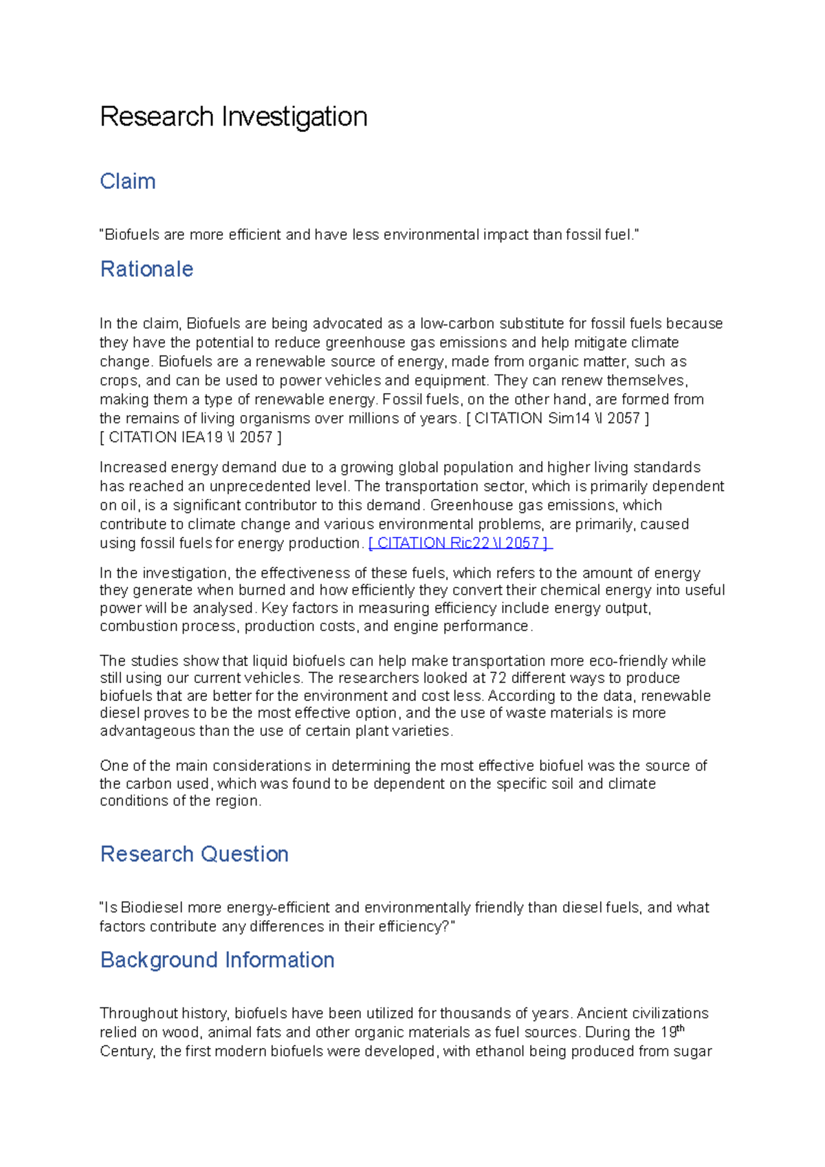 Research Investigation - Research Investigation Claim “Biofuels are ...