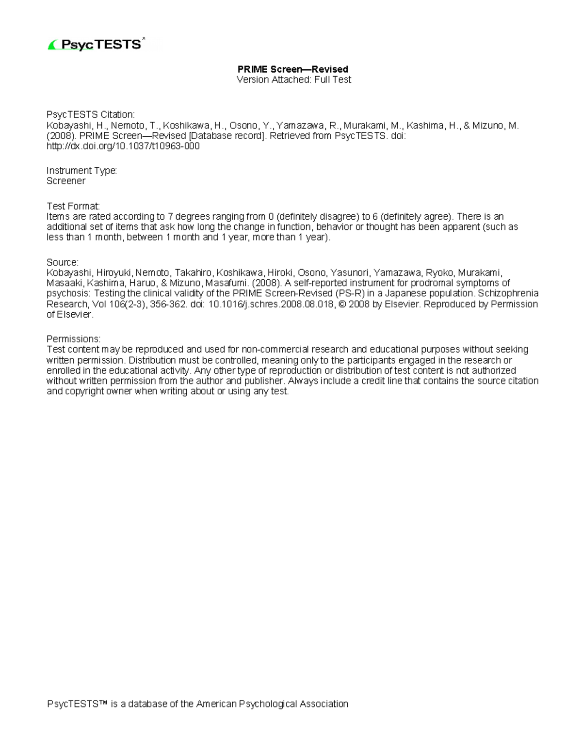 Prime screen-revised - Tests for psychosis - PRIME Screen—Revised ...