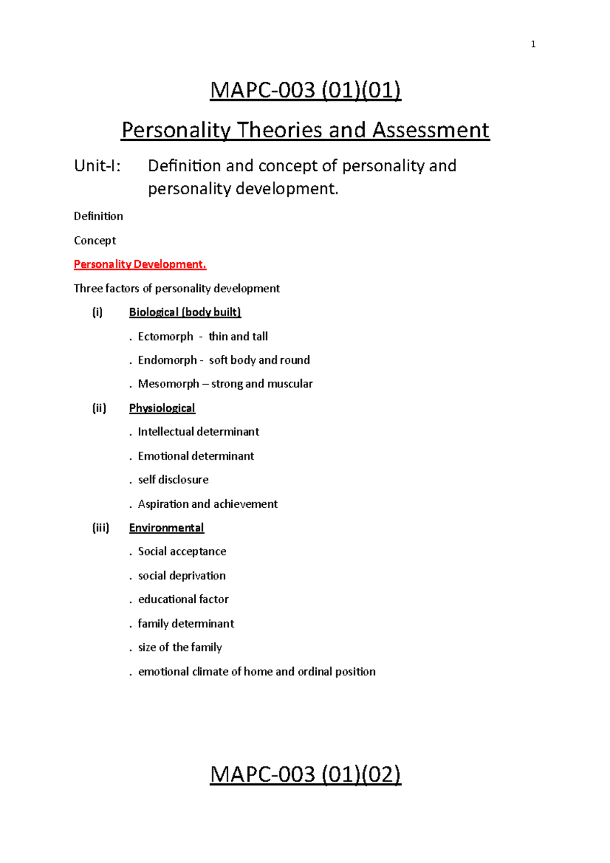 Abridged version notes of MAPC 003 - MAPC-003 (01)(01) Personality ...