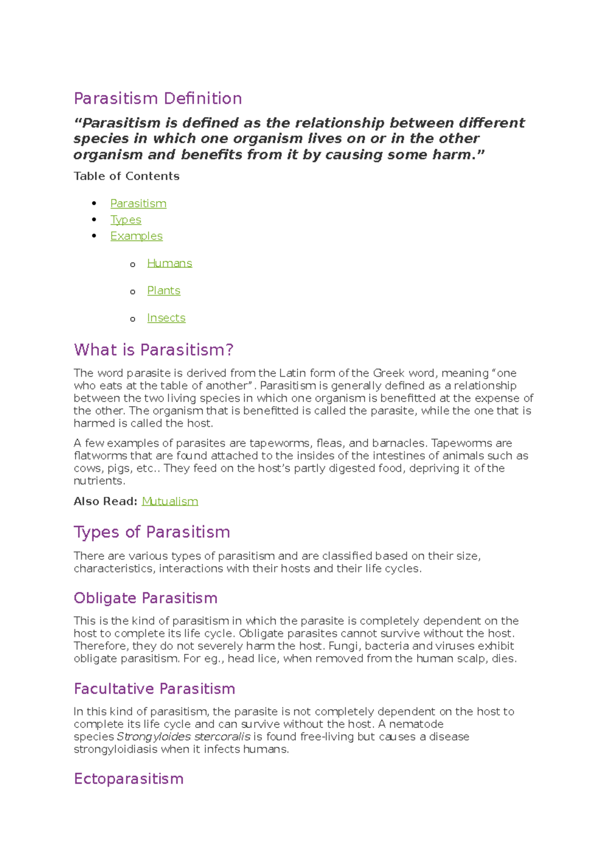 Perasitism - Parasitism Definition “Parasitism is defined as the ...