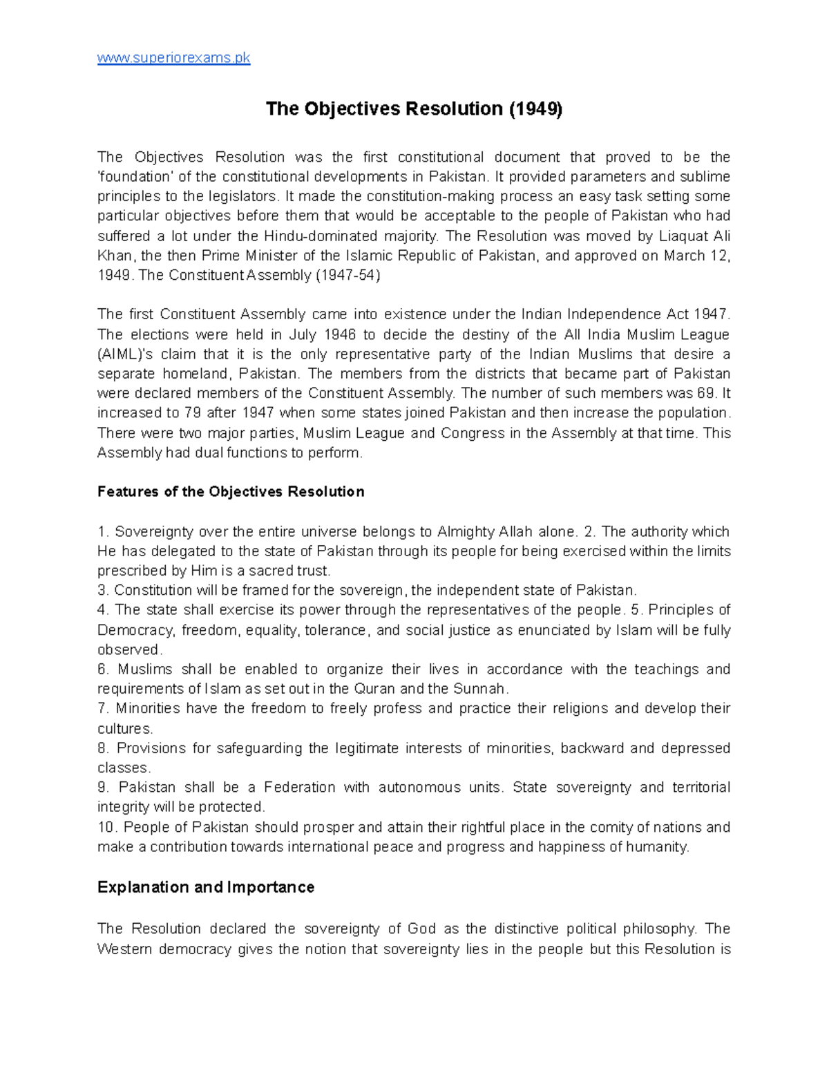 The Objectives Resolution 1949 - superiorexams The Objectives ...