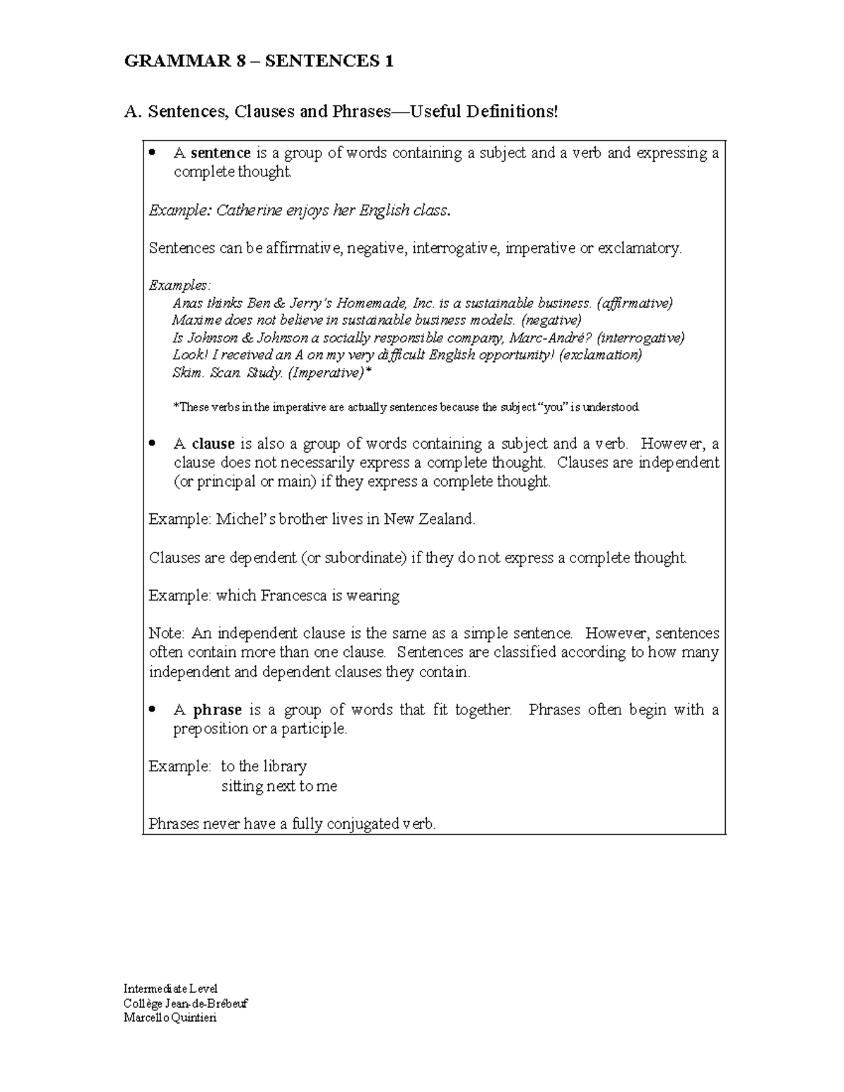 Grammar 8-Sentences 1 - A. Sentences, Clauses and Phrases—Useful ...