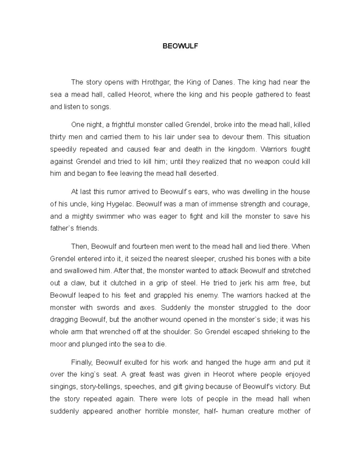 Analisis literario Beowulf - BEOWULF The story opens with Hrothgar, the ...