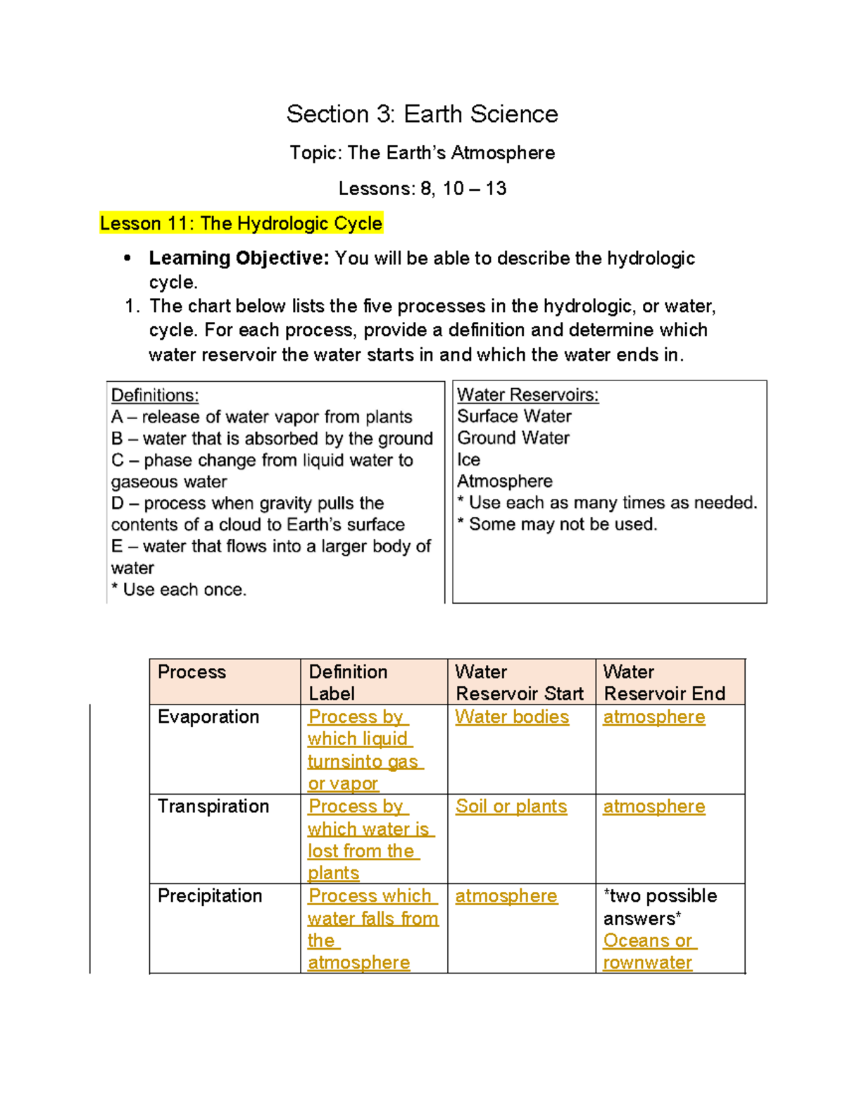 The Earth's Atmosphere - Section 3: Earth Science Topic: The Earth’s ...