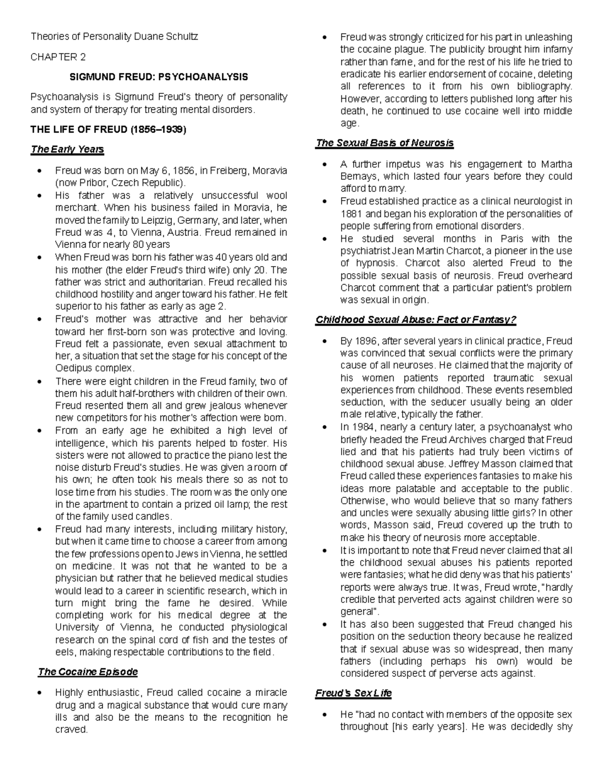 TOP Schultz Summary - Theories of Personality Duane Schultz CHAPTER 2 ...