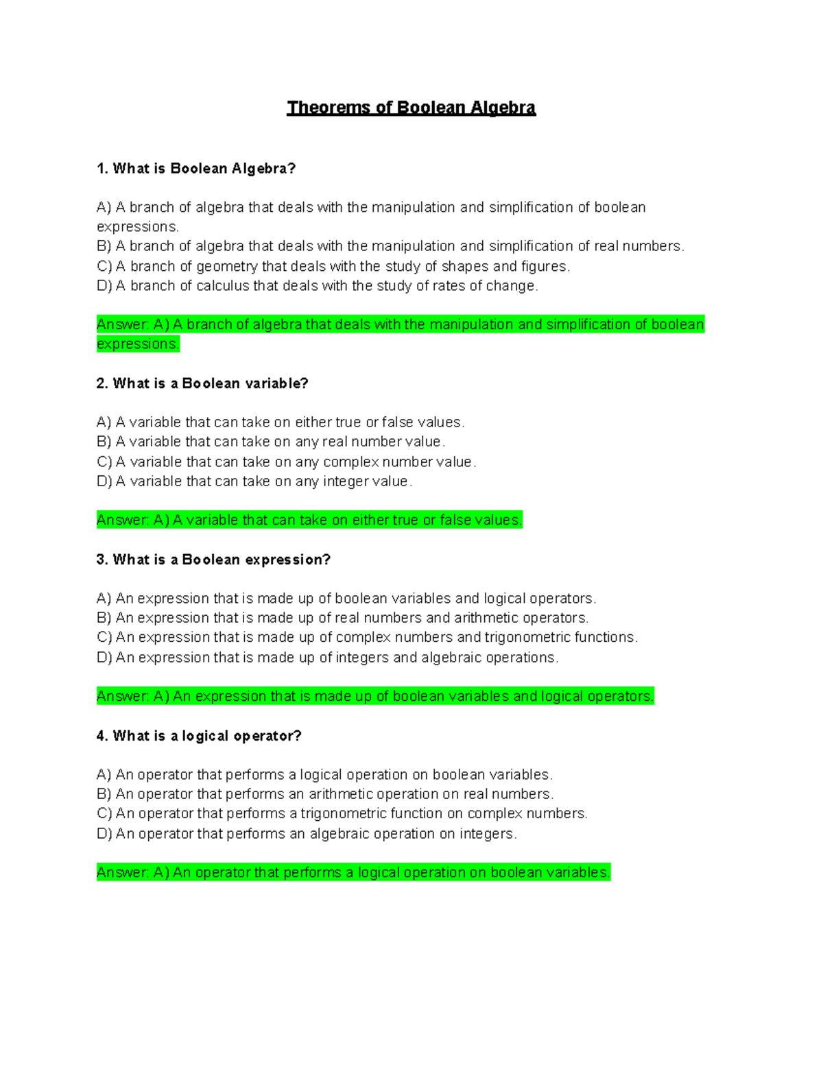 Theorems of Boolean Algebra Class Task - Theorems of Boolean Algebra What is Boolean Algebra? A ...