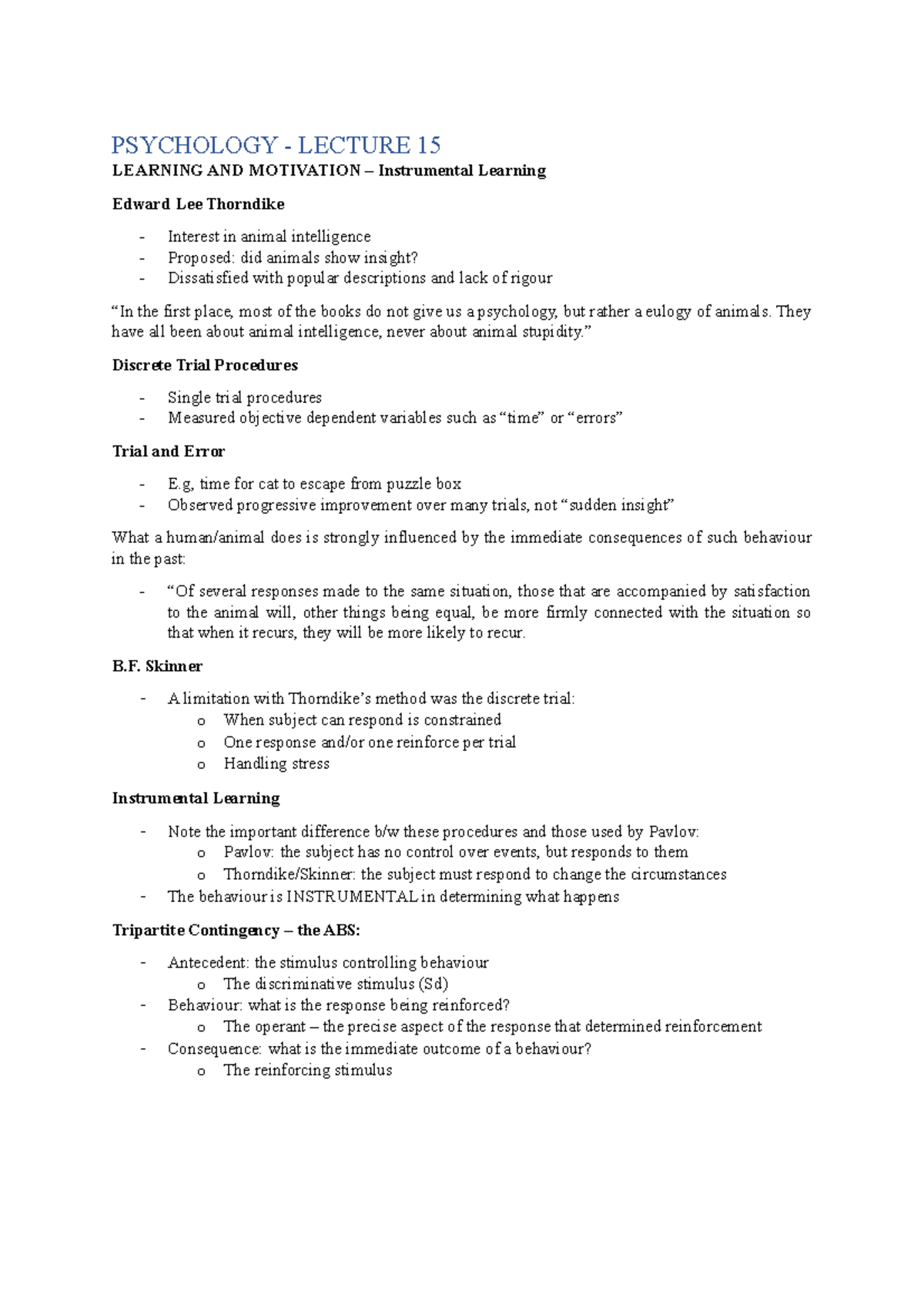 Psychology - Lecture 15 - PSYCHOLOGY - LECTURE 15 LEARNING AND ...