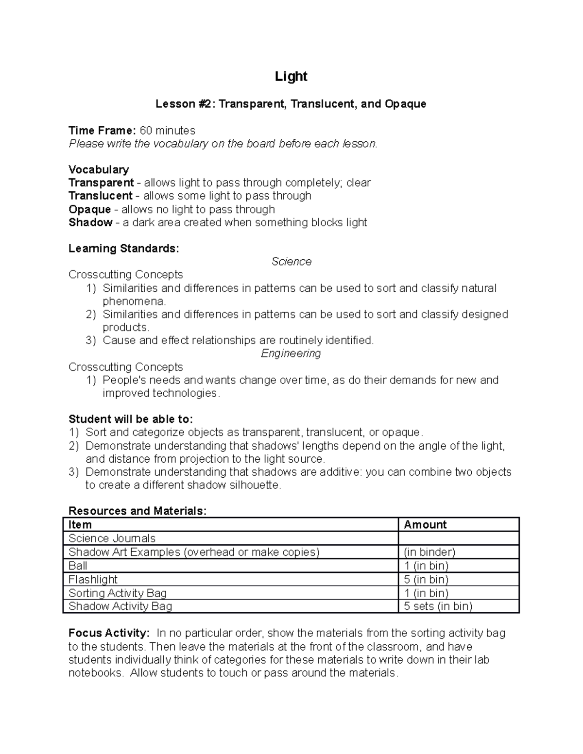 Light Lesson 2full - Science notes - Light Lesson #2: Transparent ...