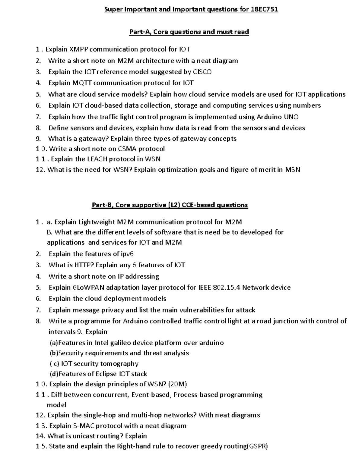 Super Important and Importants questions for Io T 18cs81 - Super ...