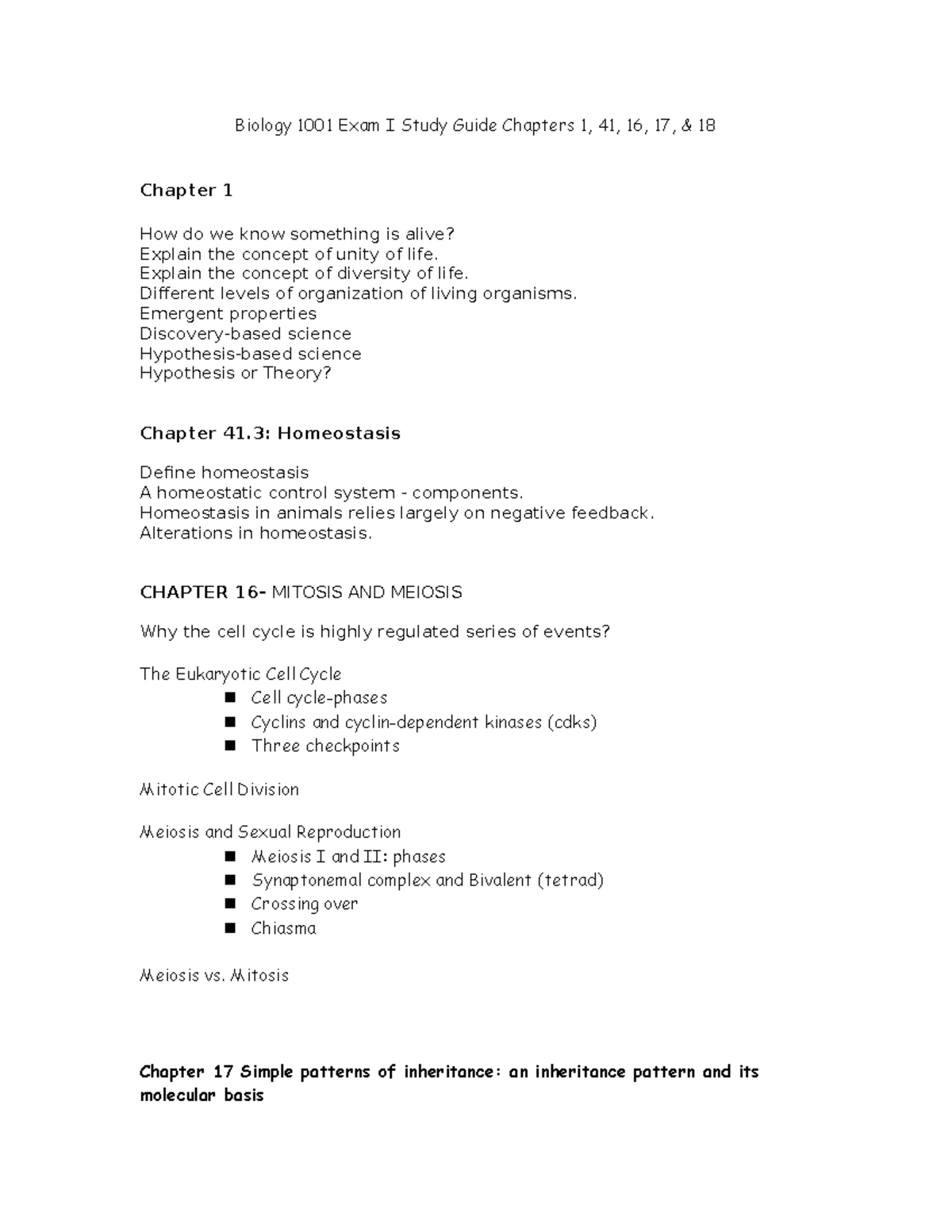 Biology 1001 Exam I Topics-ch1-41-16-17-18 v3 students - Biology 1001 ...