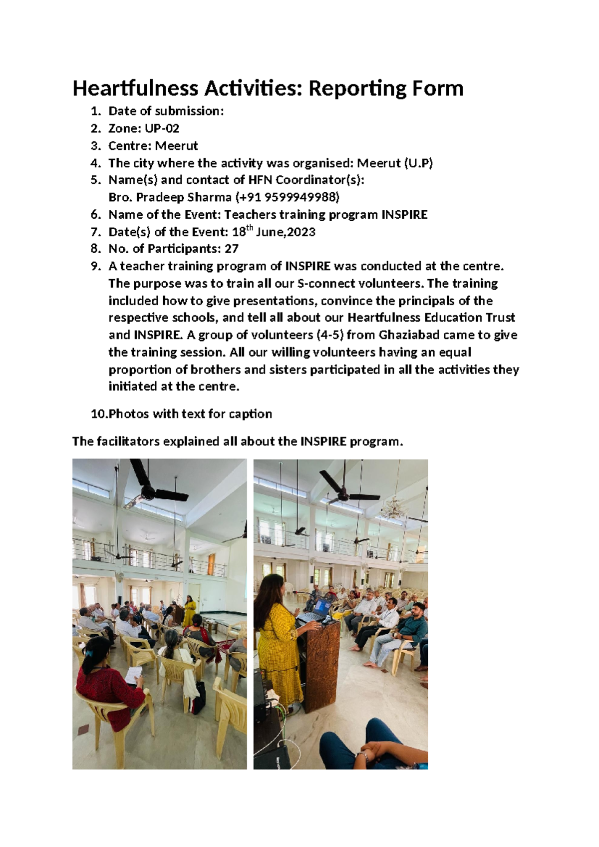 Inspire Heartfulness Activities - Heartfulness Activities: Reporting ...