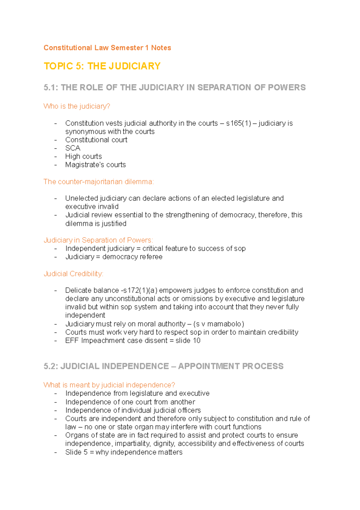 Topic 5 - judiciary notes - Constitutional Law Semester 1 Notes TOPIC 5 ...