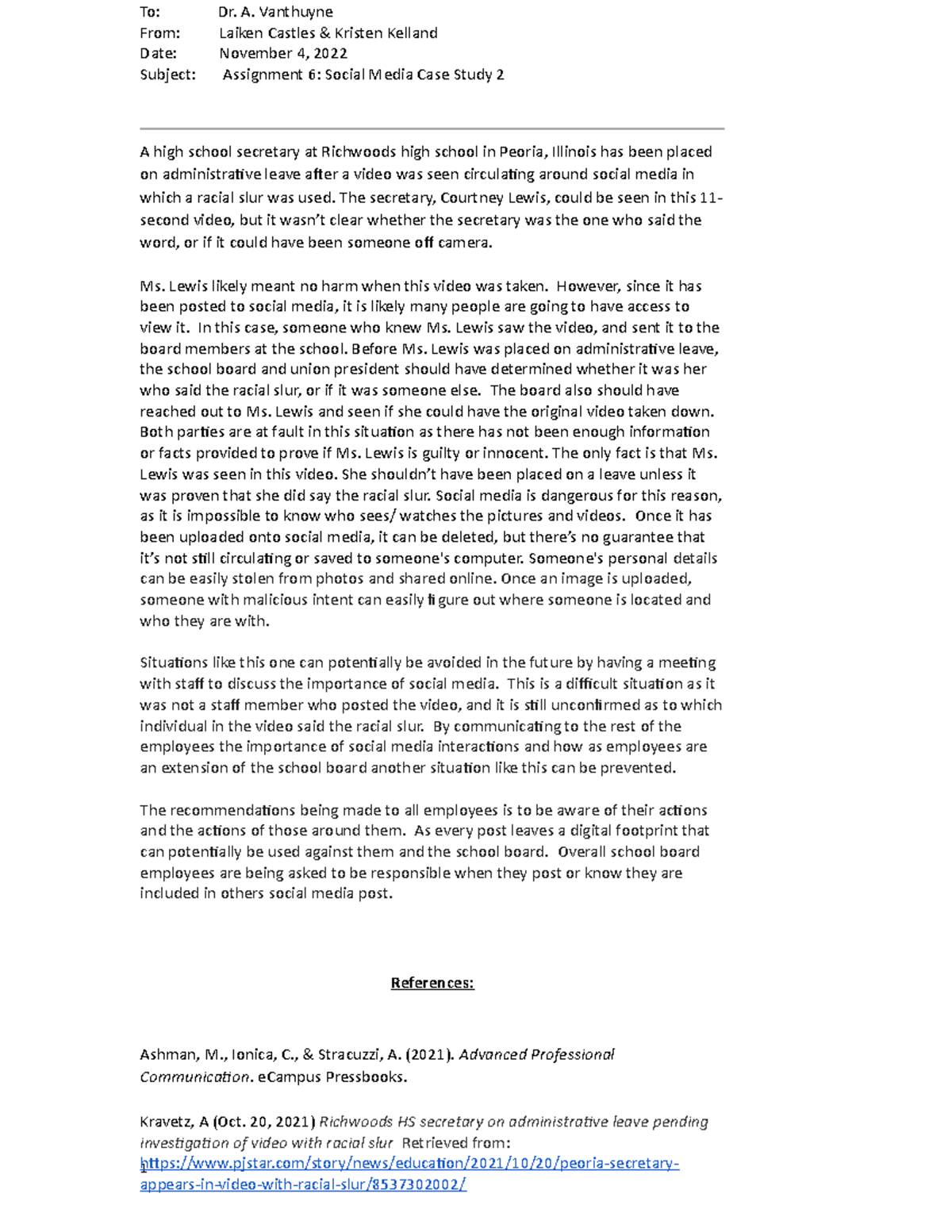 Assignment 6- Social Media Case Study 2 - 1 To: Dr. A. Vanthuyne From ...