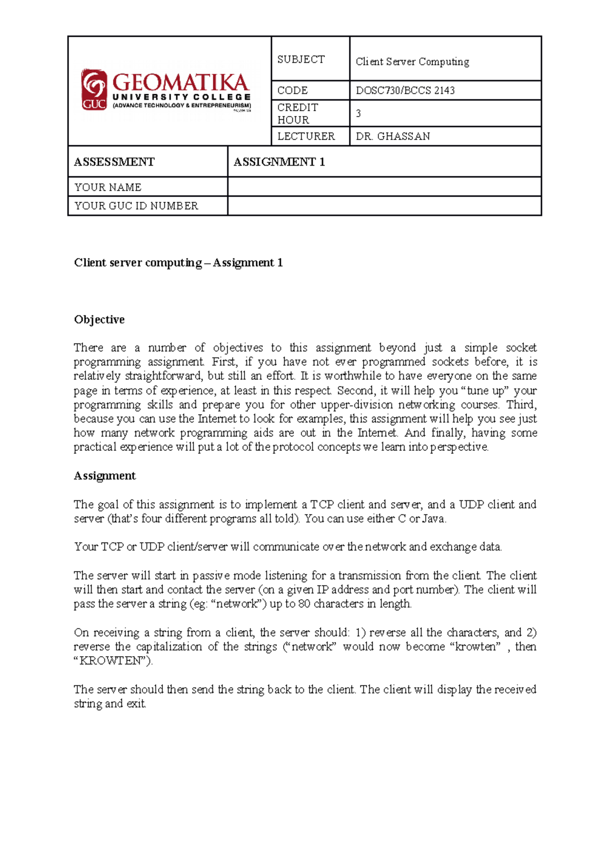 Assignment 1 (Programming Question) Some theory - SUBJECT Client Server ...
