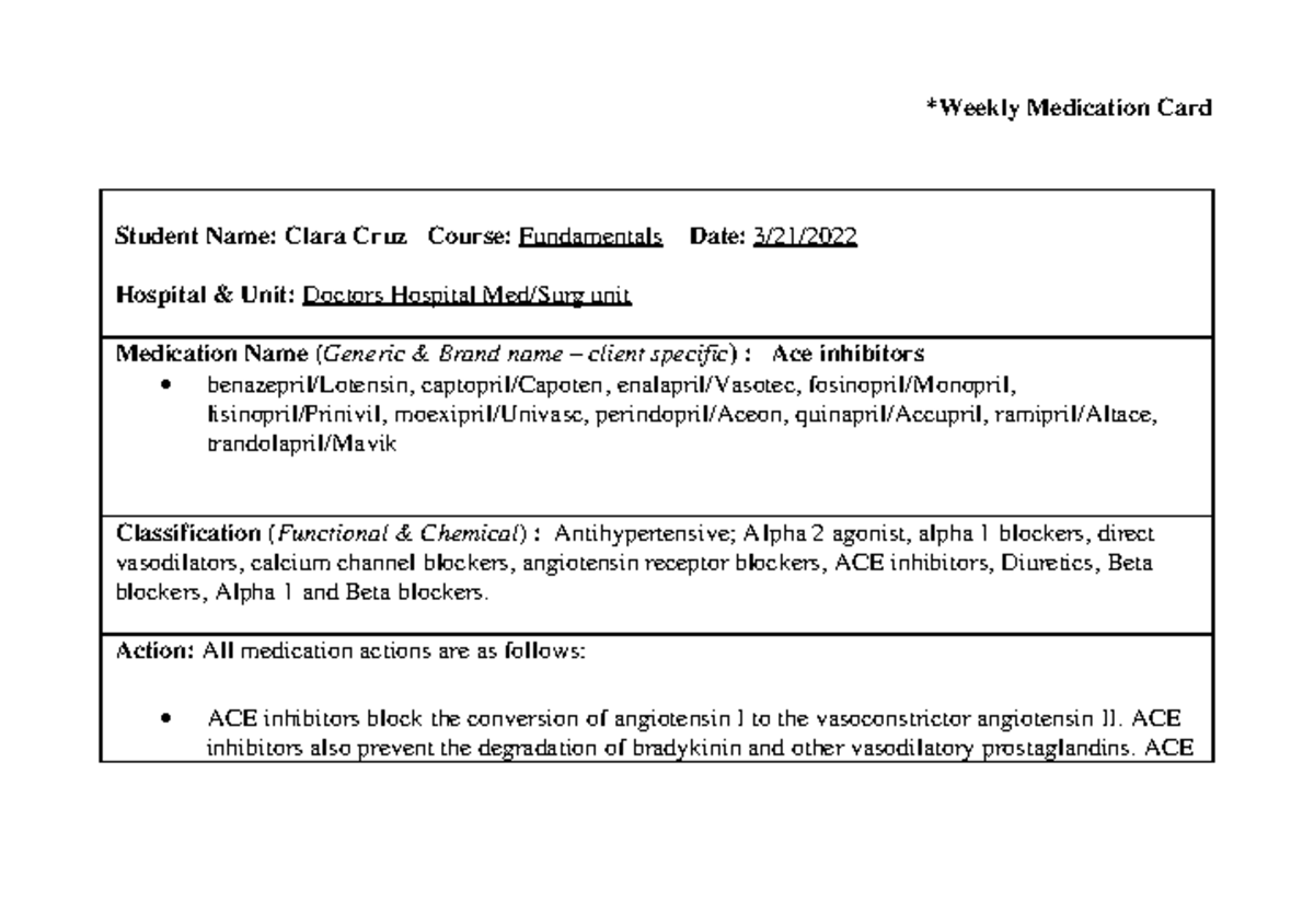 Ace inhibitors Medication Card - Student Name: Clara Cruz Course ...