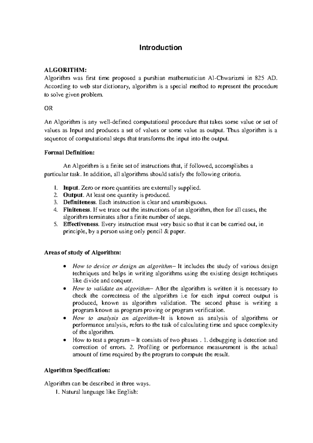 Lecture Notes Daa 5 Units Introduction Algorithm Algorithm Was First 7364