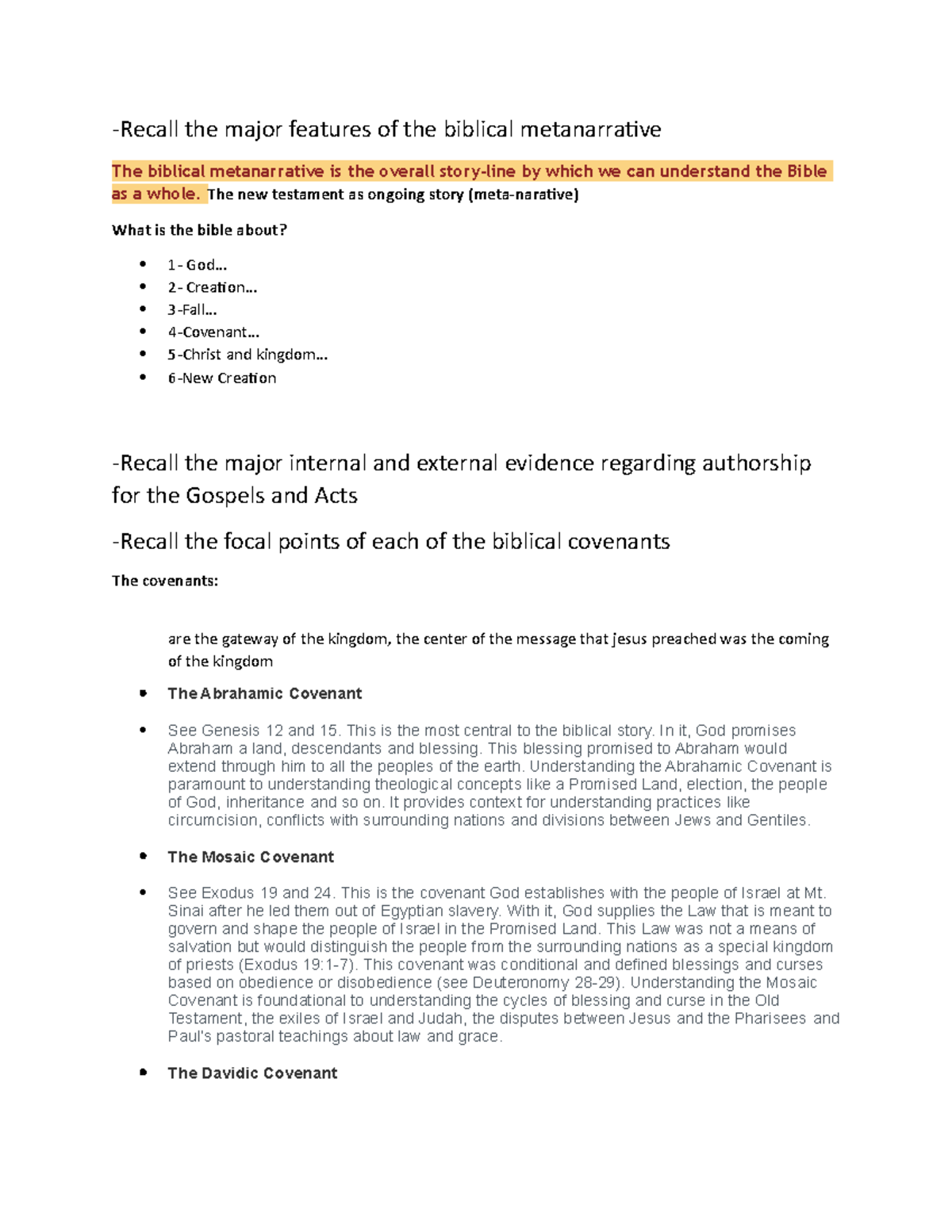 Recall the major features of the biblical metanarrative - The new ...