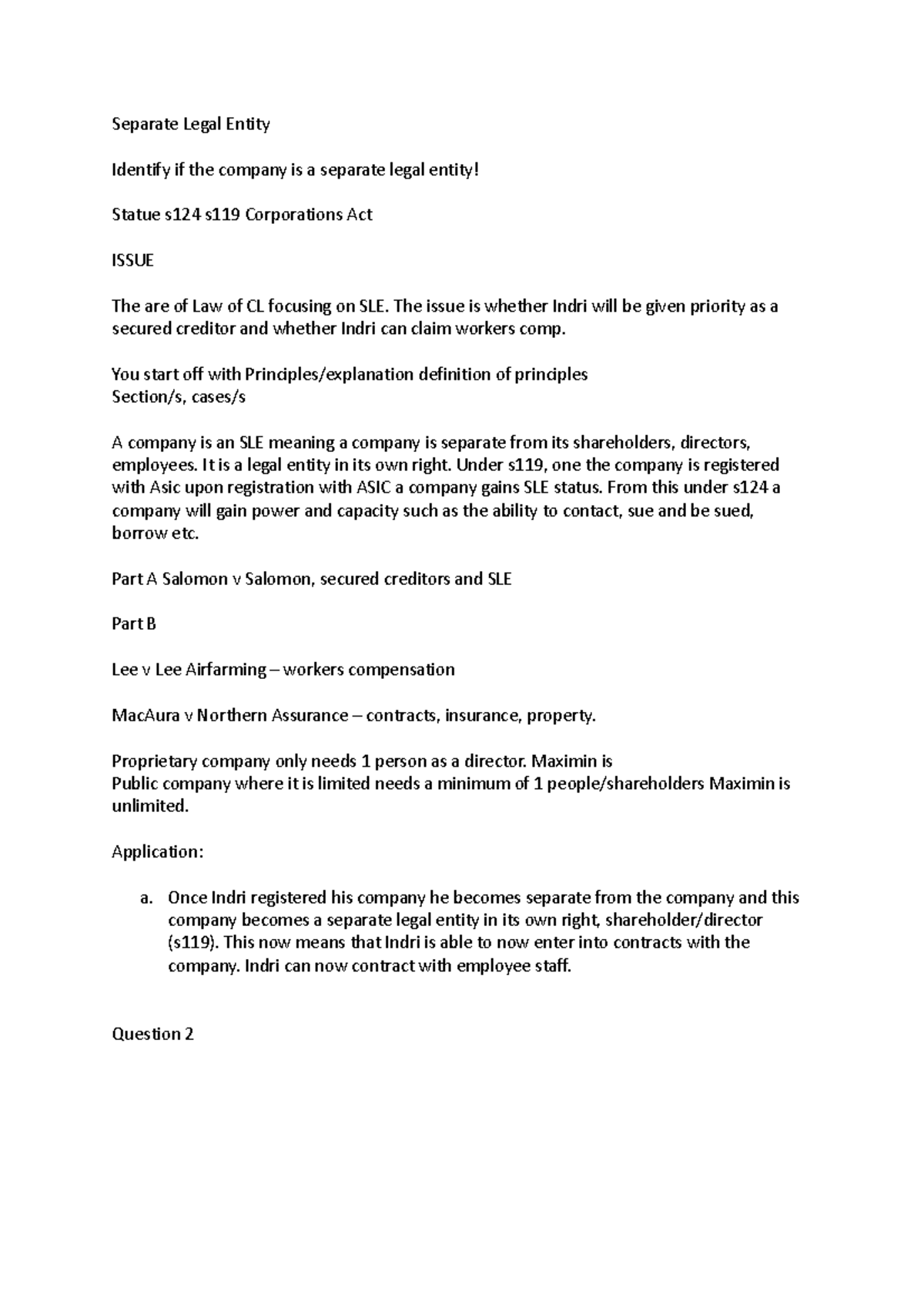 Corporations Law - Prep notes for exam - Separate Legal Entity Identify ...