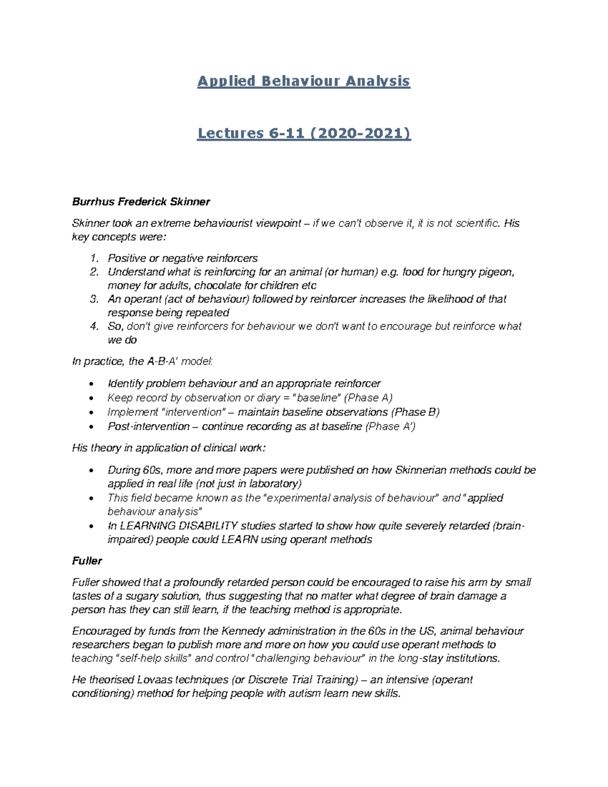 Applied Behaviour Analysis 20202021 lecturenotes 6to11 - Applied ...