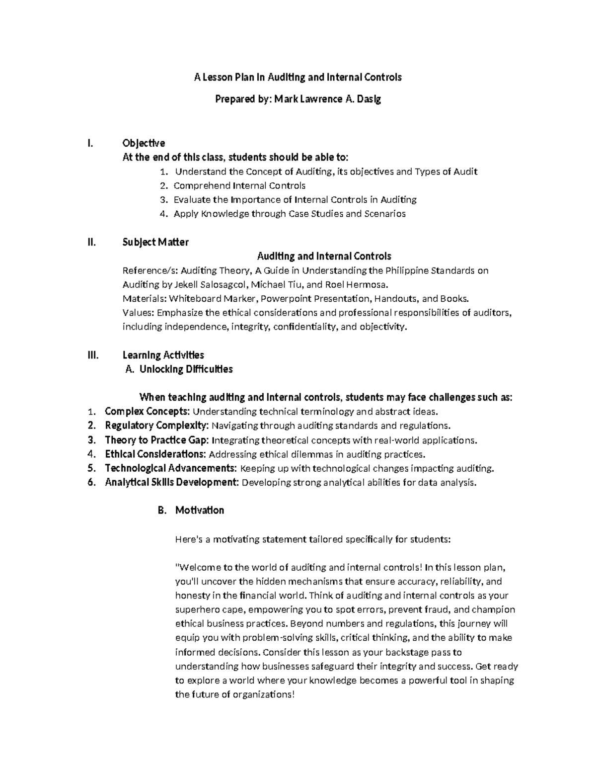 Auditing lesson plan - A Lesson Plan in Auditing and Internal Controls ...