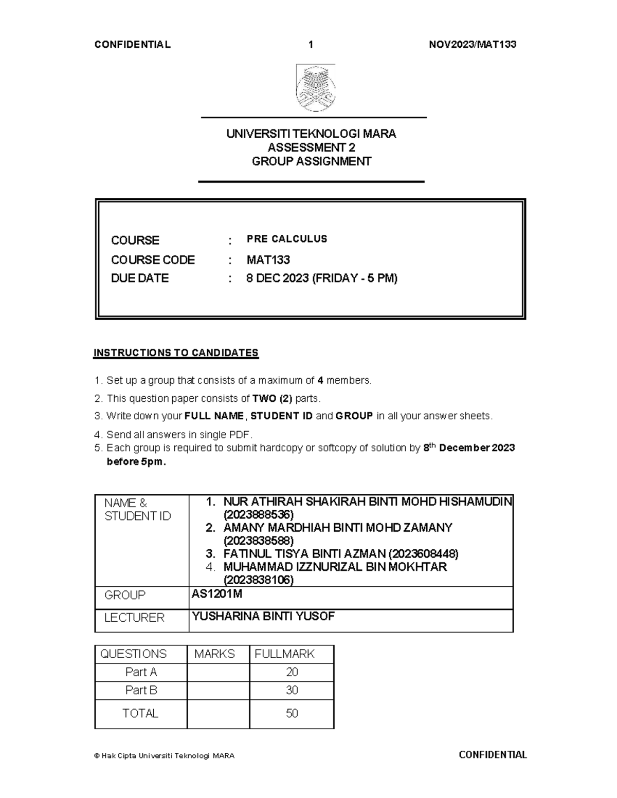 Assesment mat - assignment - UNIVERSITI TEKNOLOGI MARA ASSESSMENT 2 GROUP ASSIGNMENT COURSE ...