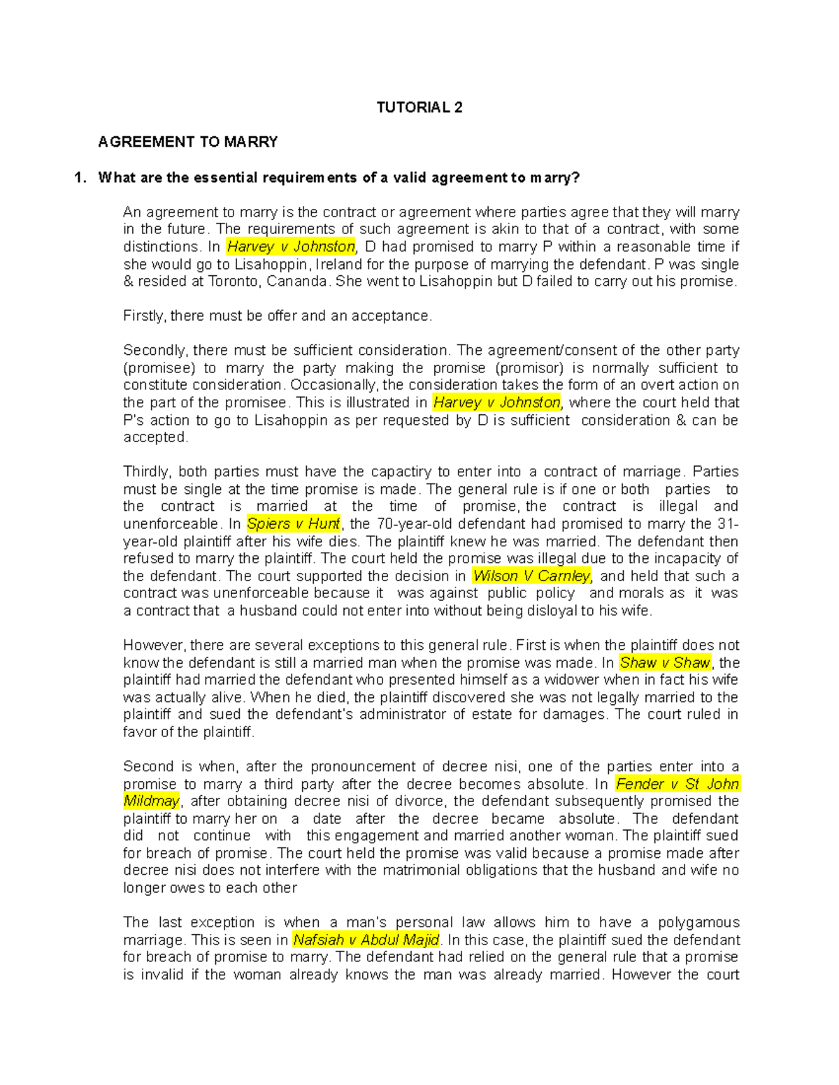 Tutorial 2-AGREEMENT TO MARRY - TUTORIAL 2 AGREEMENT TO MARRY 1. What ...