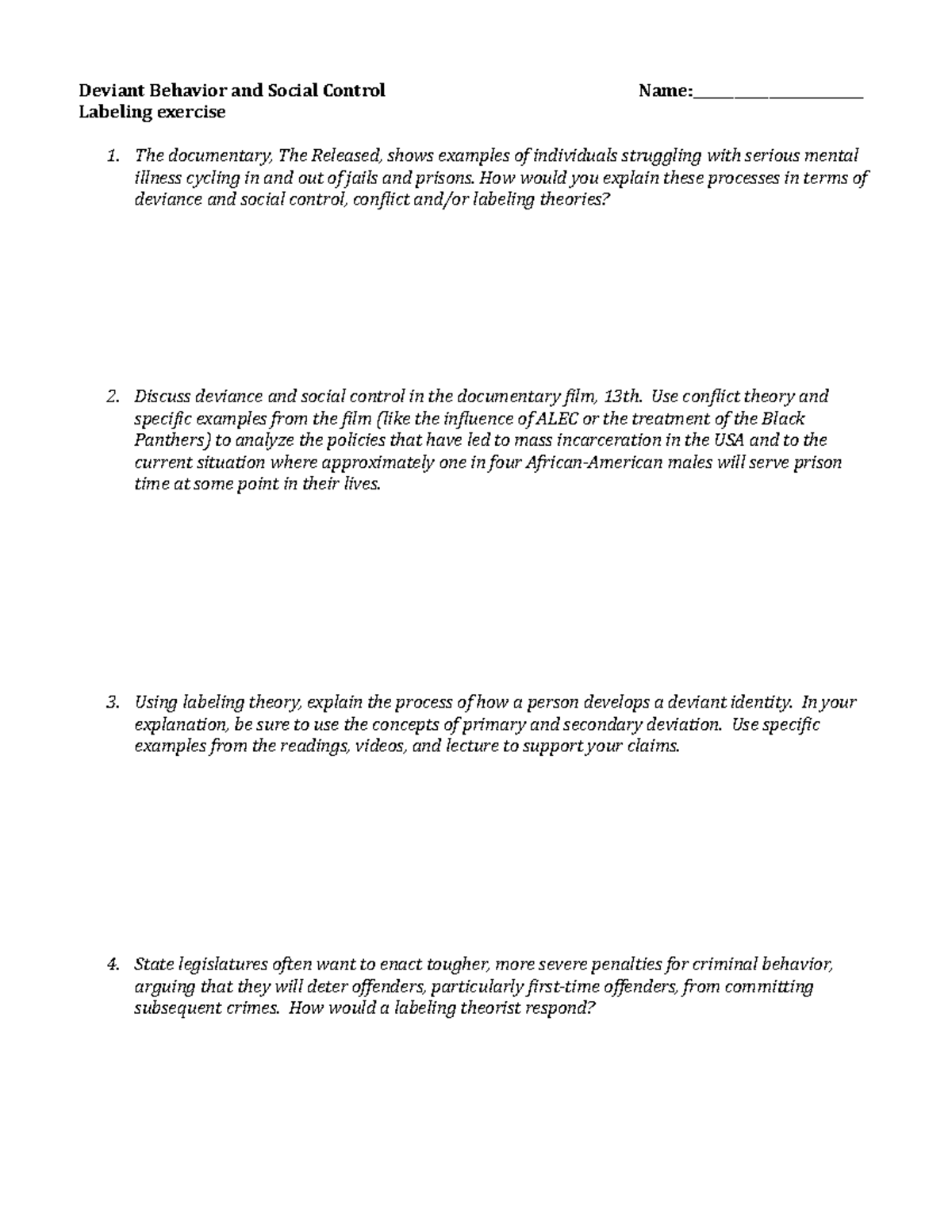 Labeling worksheet fall2018 - Deviant Behavior and Social Control ...