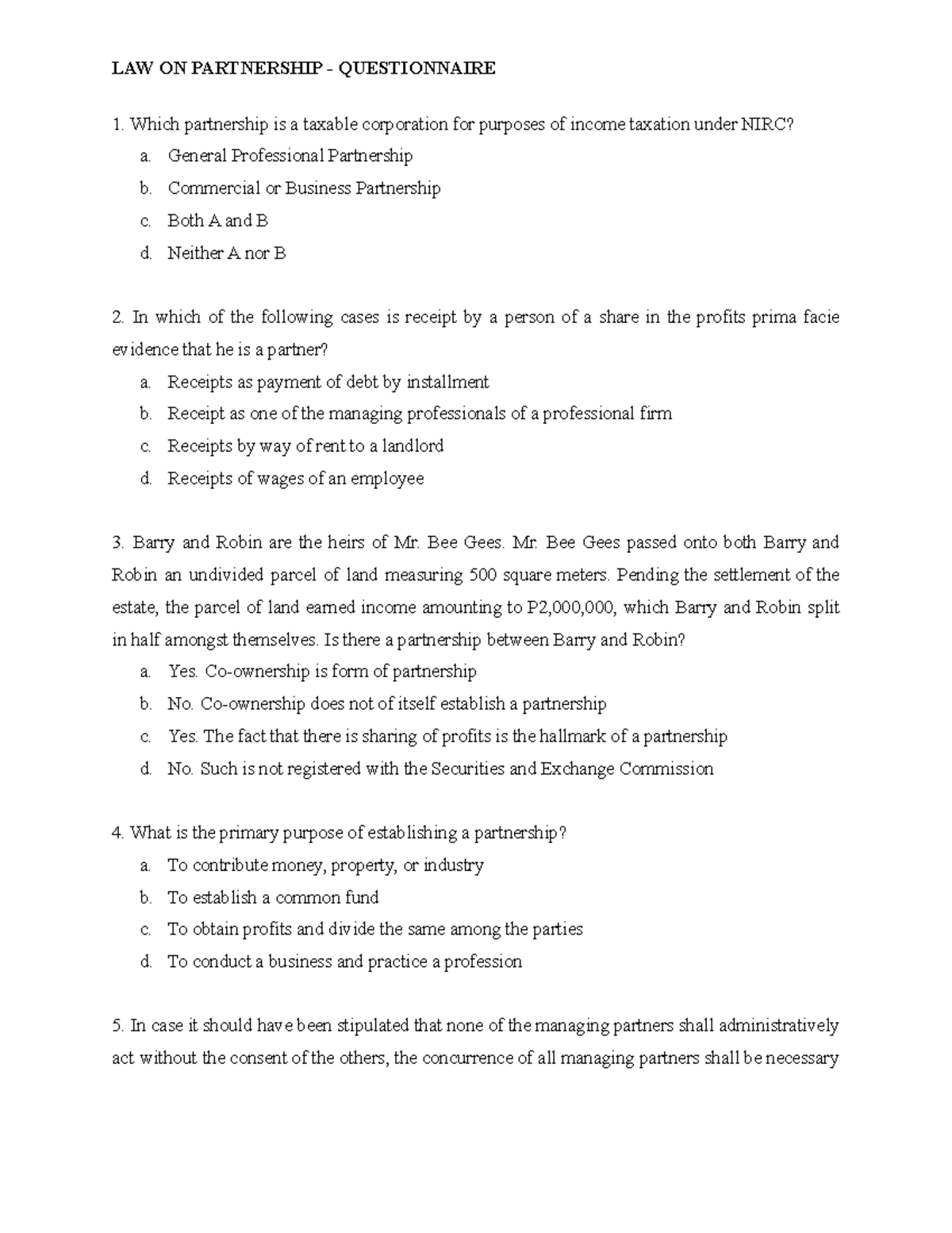 Law on Partnership - Questionnaire - Which partnership is a taxable ...