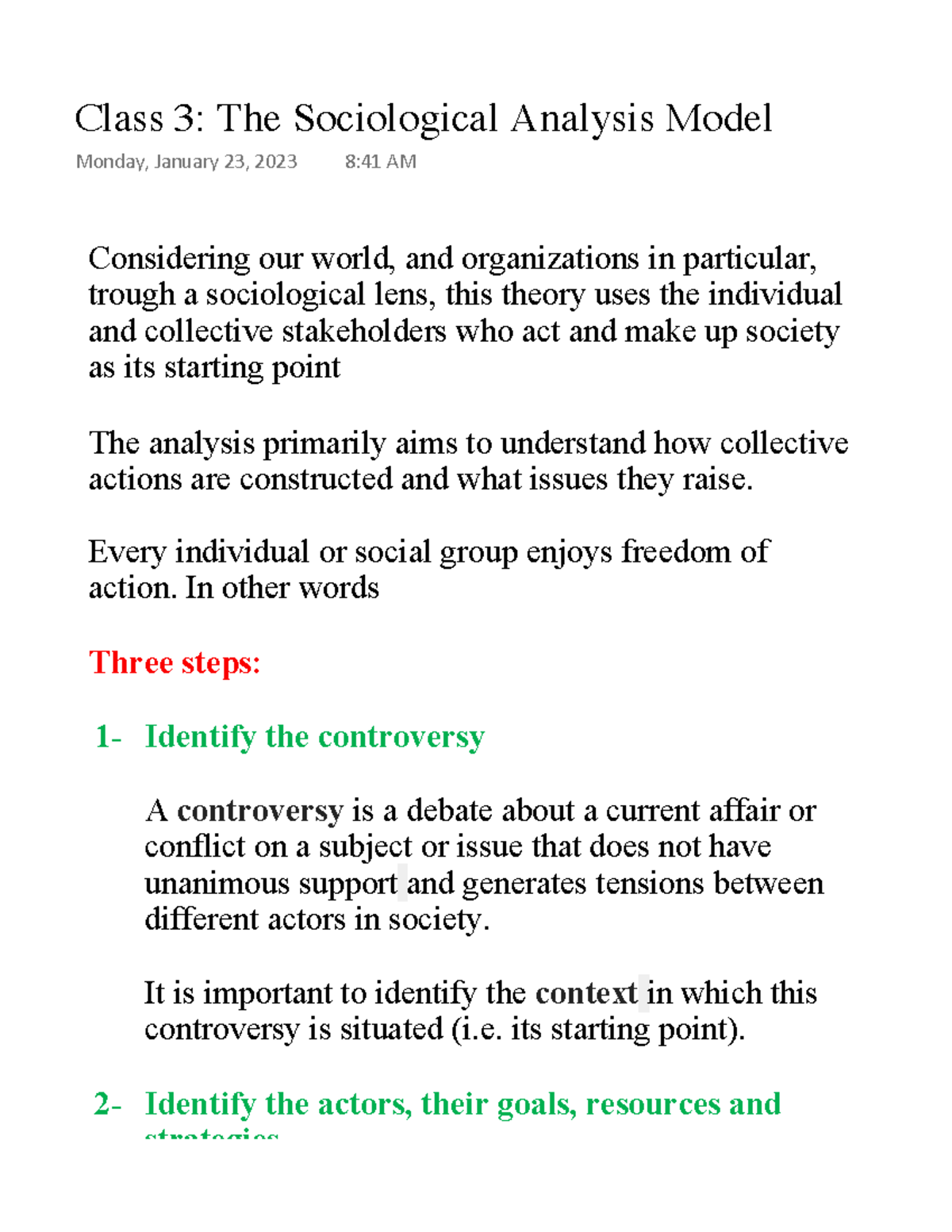 Class 3 The Sociological Analysis Model - Considering our world, and ...