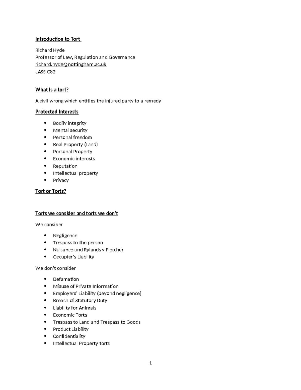 Tort Introduction Handout 2023-2024 - Introduction to Tort Richard Hyde Professor of Law ...