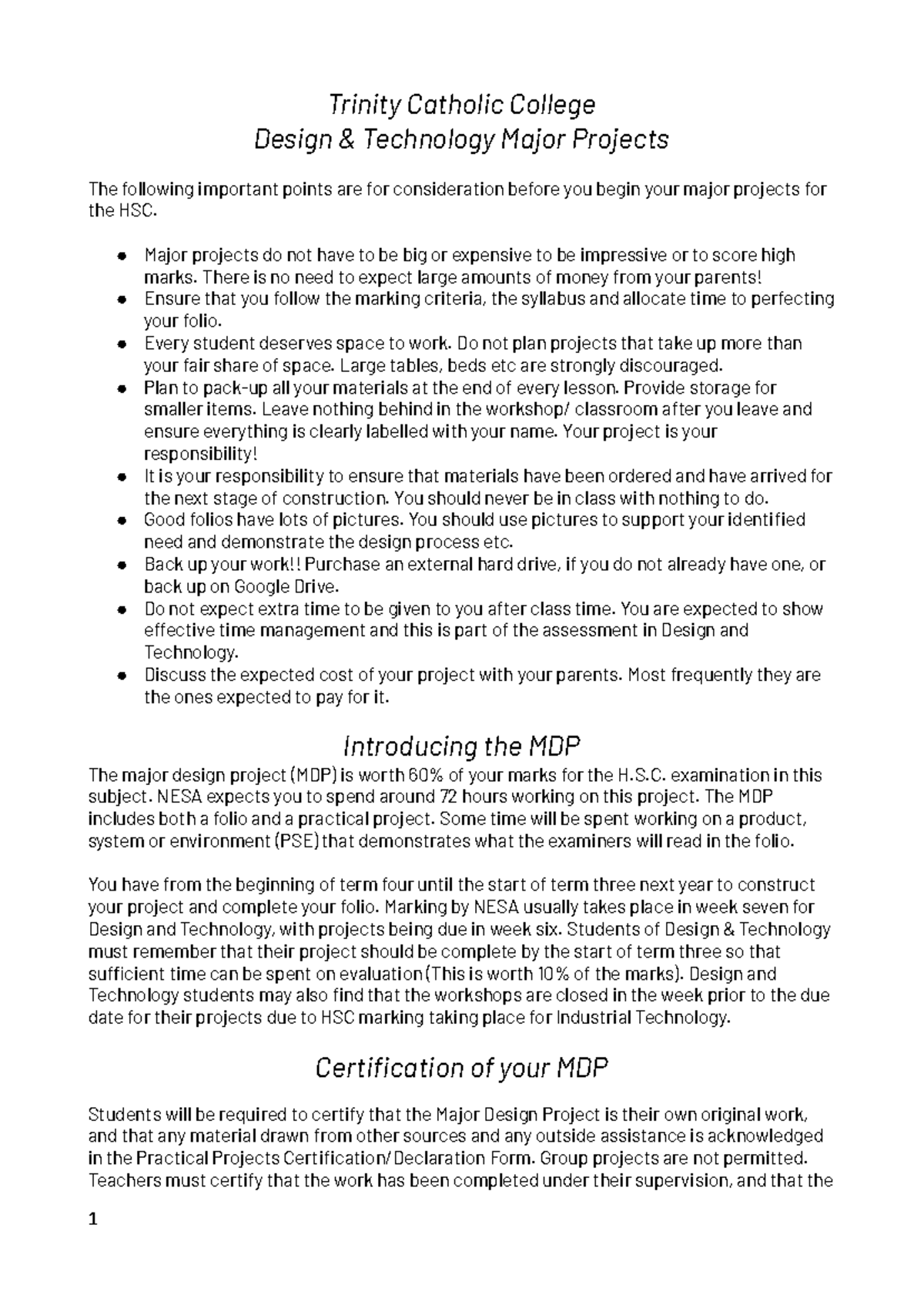 MDP Guide Book - Trinity Catholic College Design & Technology Major ...