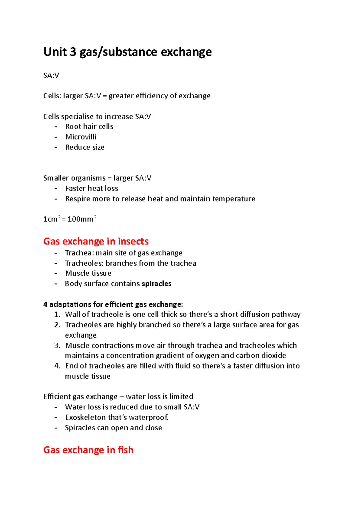 Unit 3 gas exchange - informative notes - Unit 3 gas/substance exchange ...